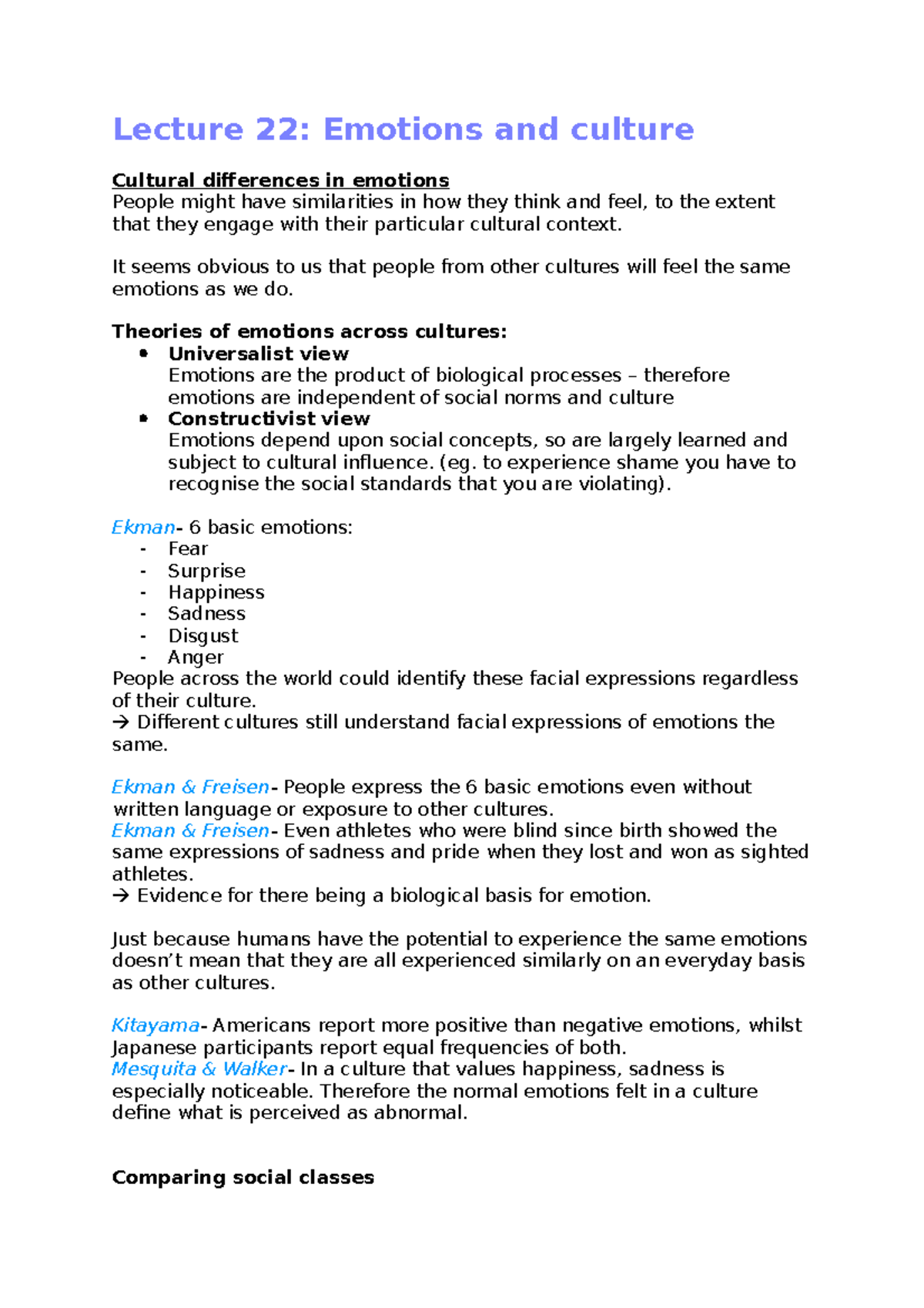 Lecture 22- Emotions and culture - Lecture 22: Emotions and culture ...