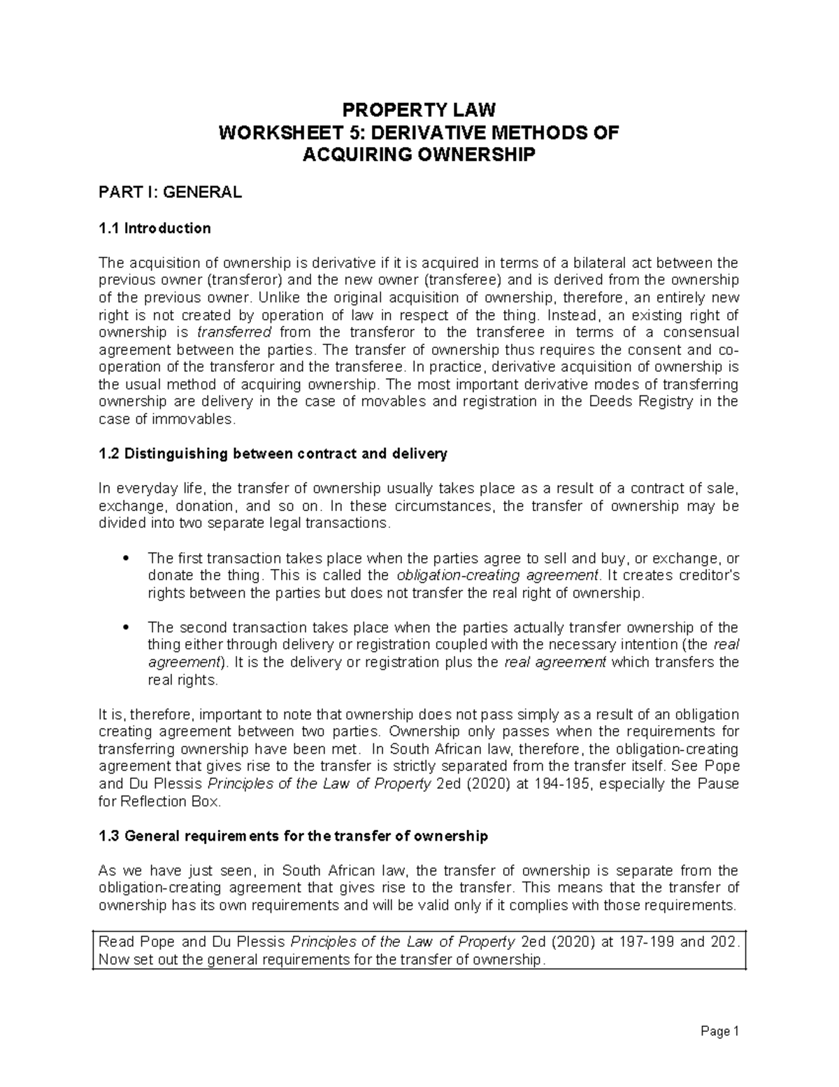 Worksheet 5 Derivative Acquisition of Ownership - PROPERTY LAW ...