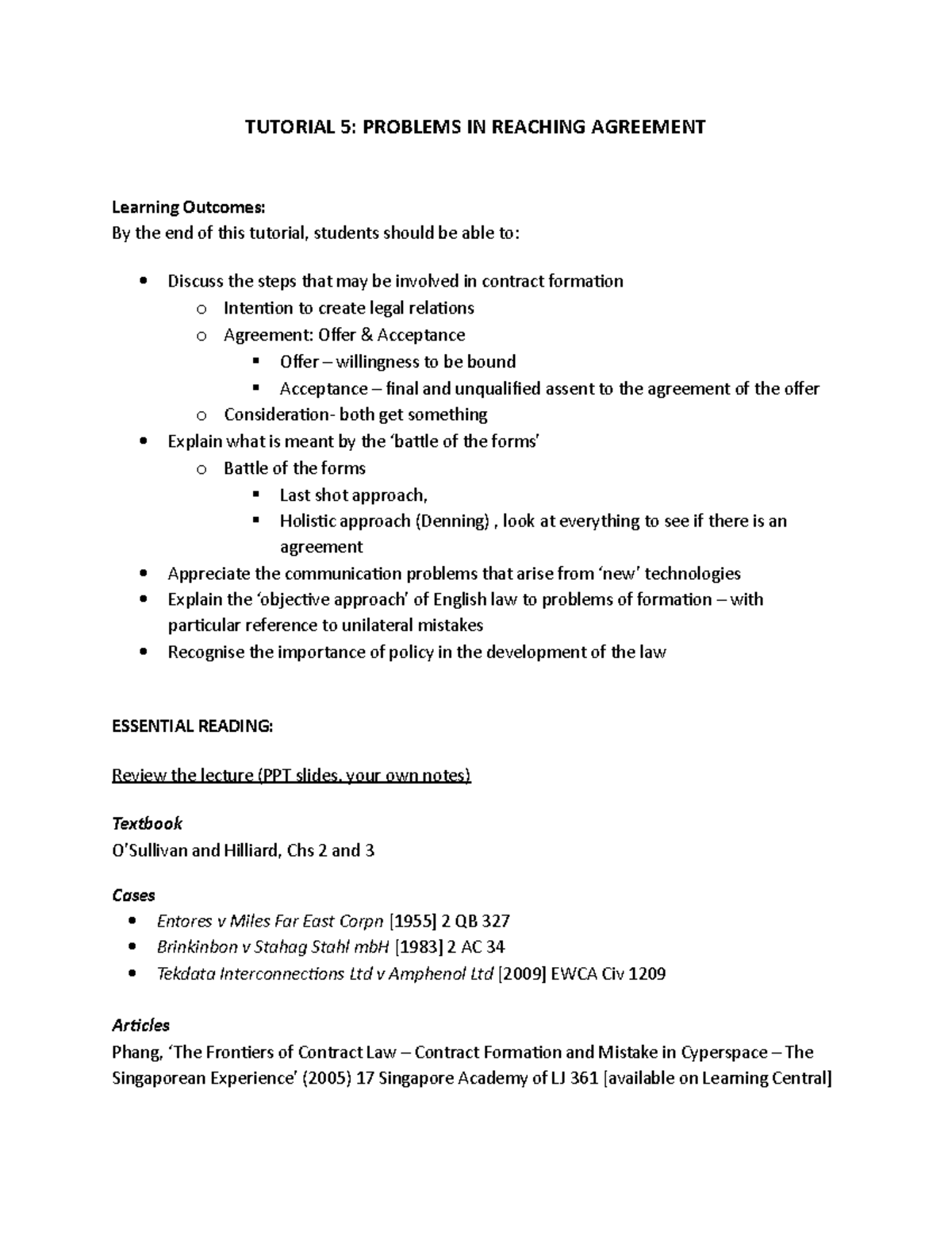 contract law Tutorial 5 - TUTORIAL 5: PROBLEMS IN REACHING AGREEMENT ...