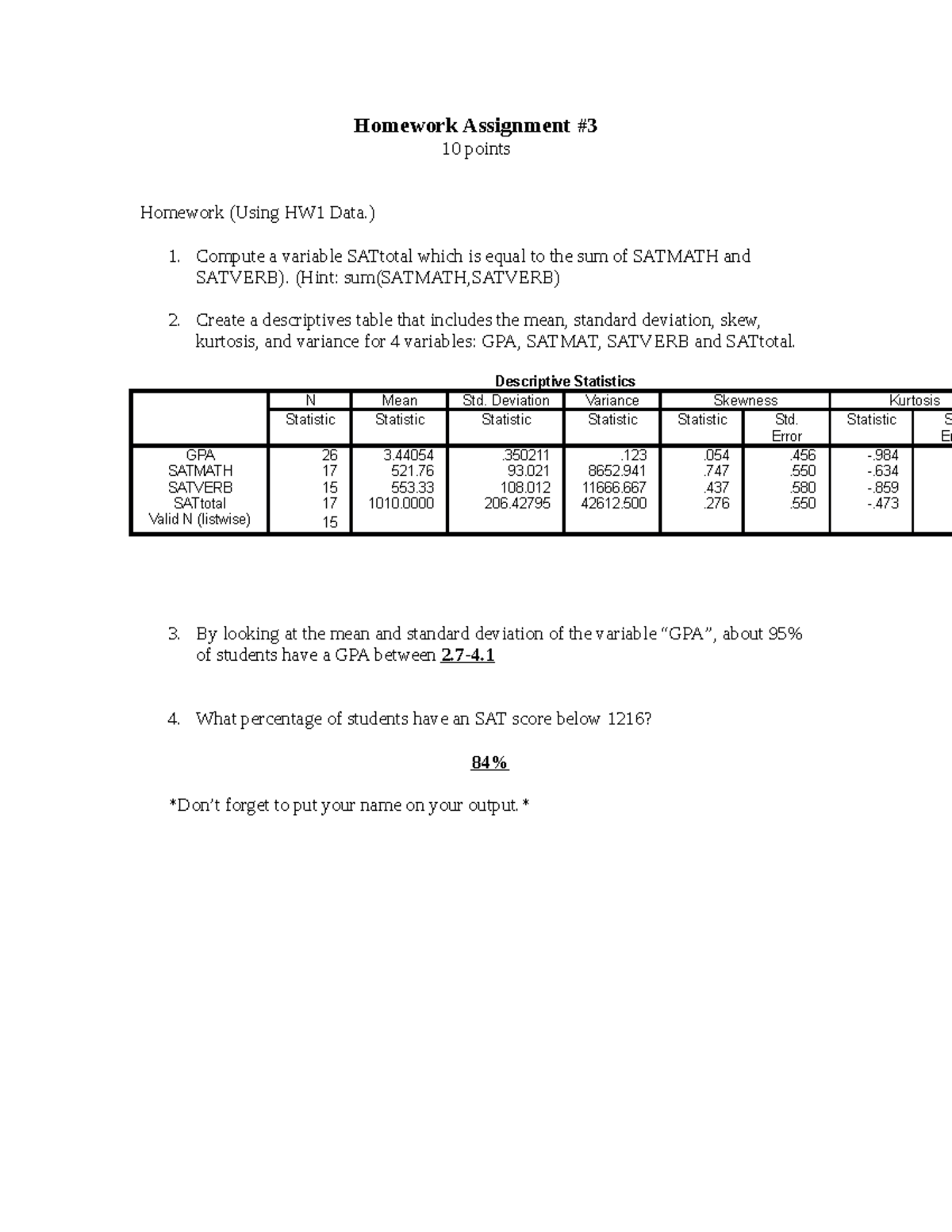 HW 3- Answers - Lab - Homework Assignment 10 points Homework (Using HW1 ...