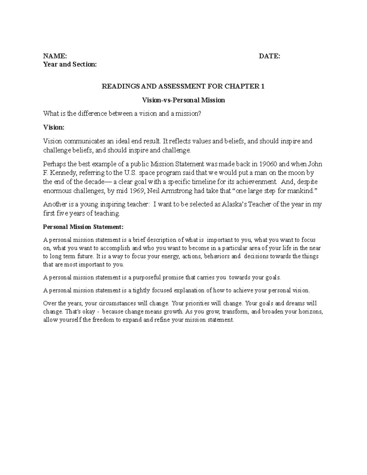 Chap 1 Readings and Assessment - Year and Section: READINGS AND ...