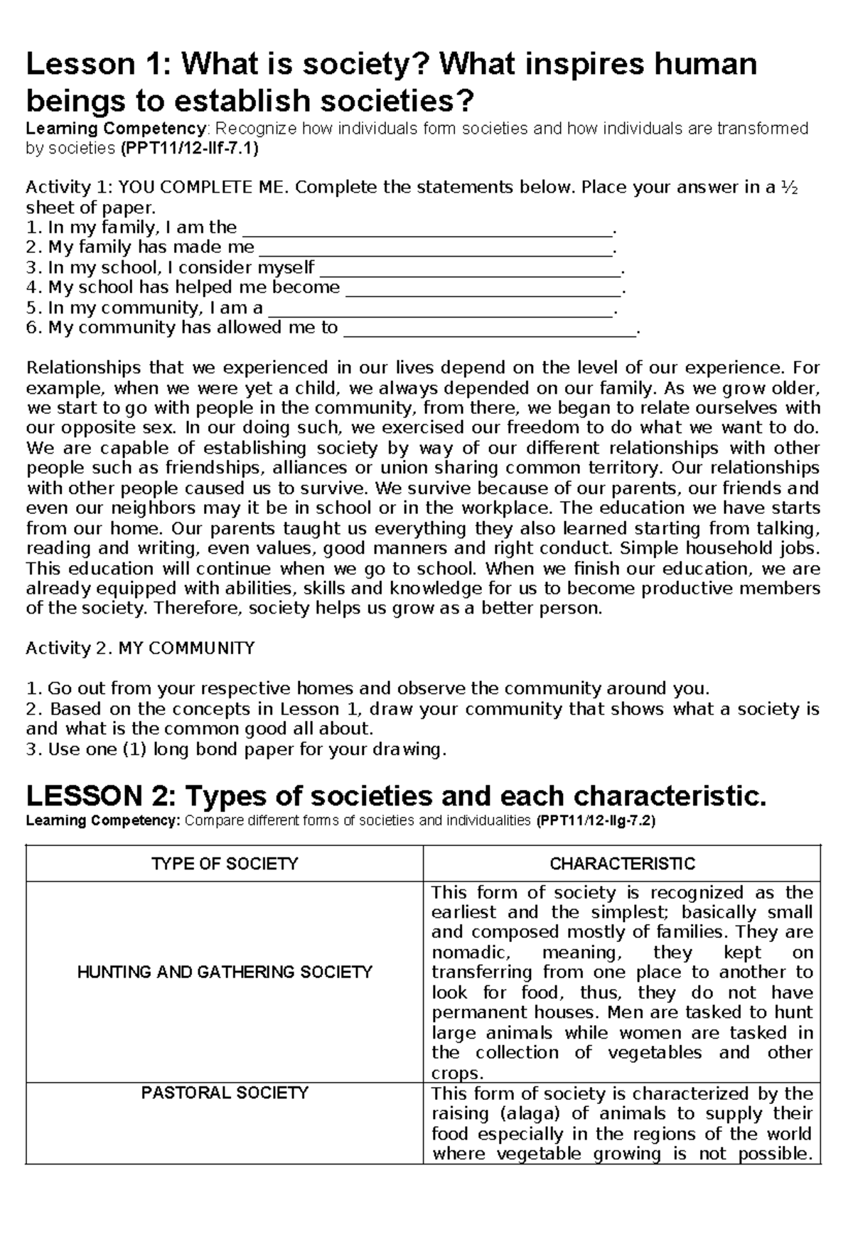 Chapter 4 Human Person in Society - Lesson 1: What is society? What inspires human beings to ...