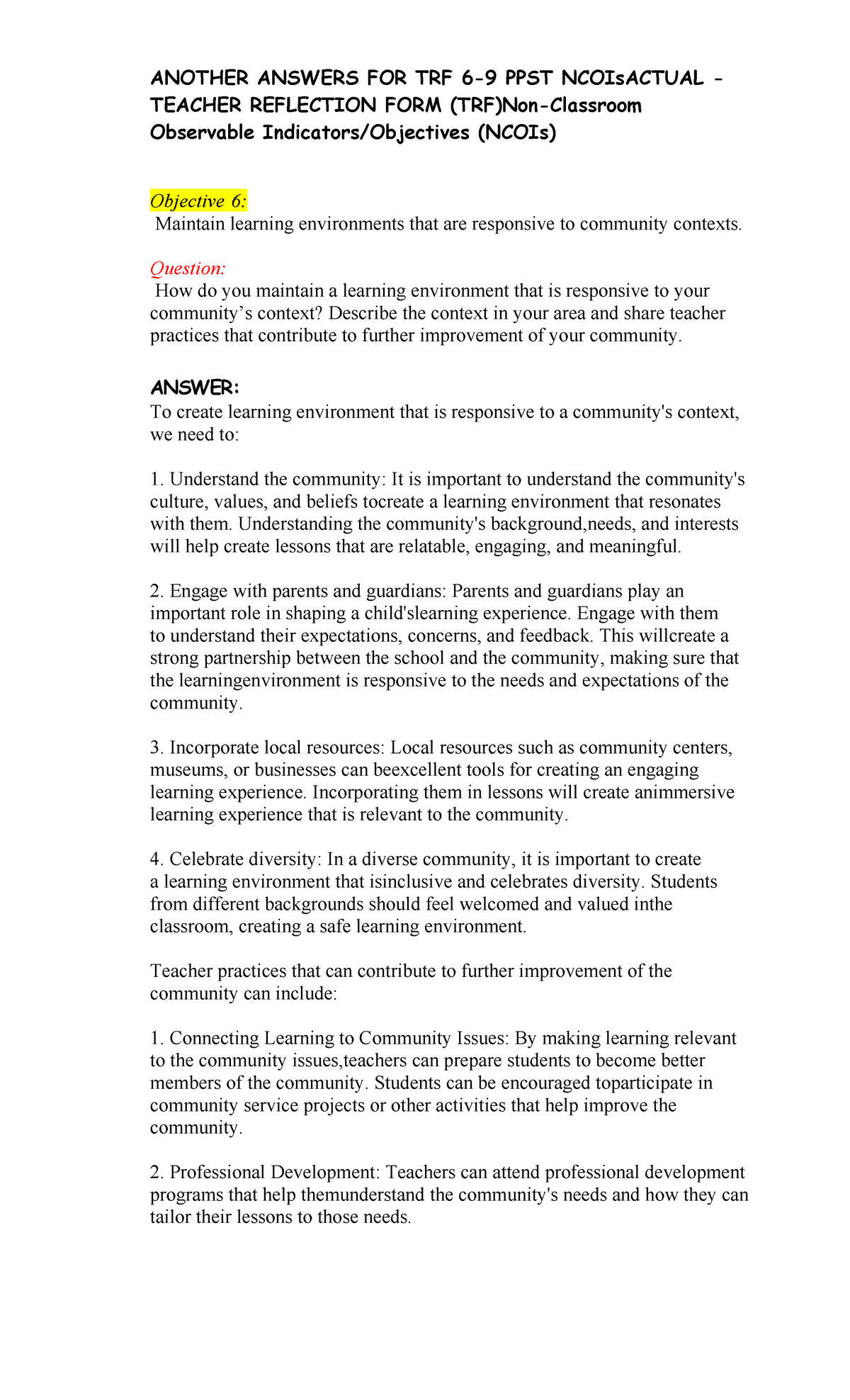 Answers FOR TRF 6 - ANOTHER ANSWERS FOR TRF 6-9 PPST NCOIsACTUAL ...