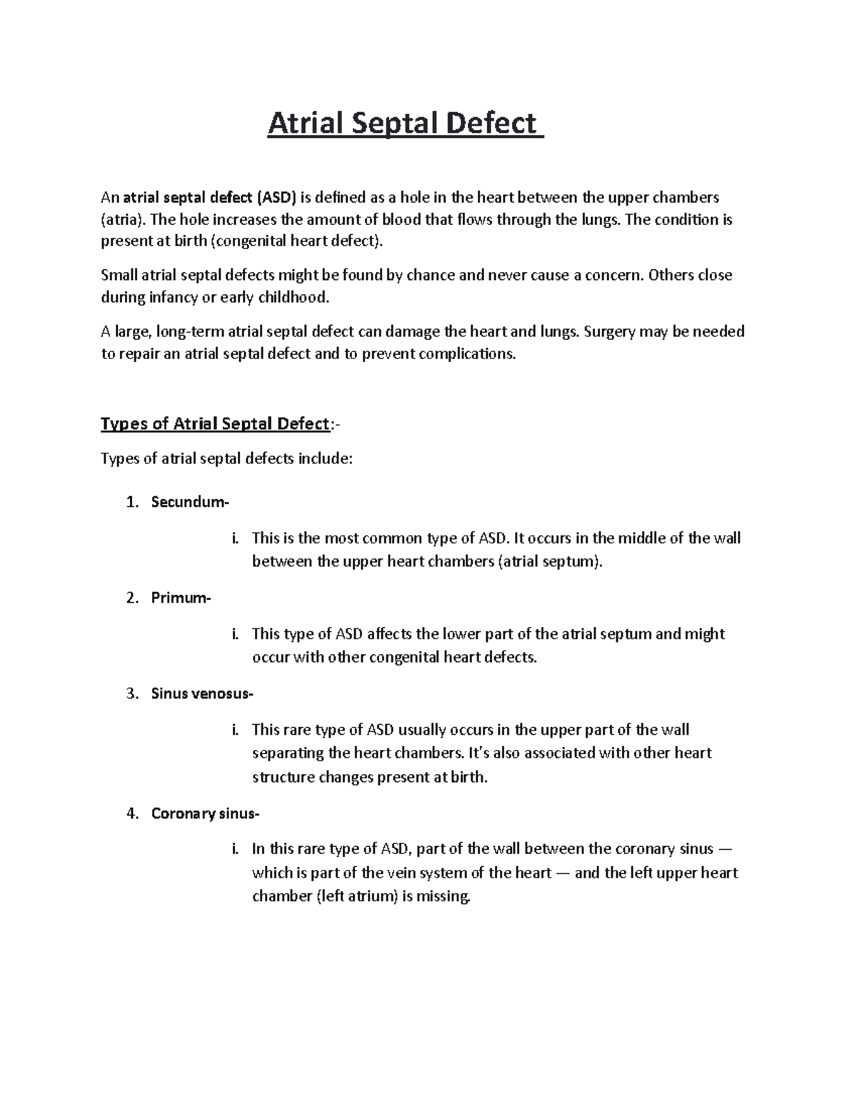 Atrial septal defect note 04 - Atrial Septal Defect An atrial septal ...