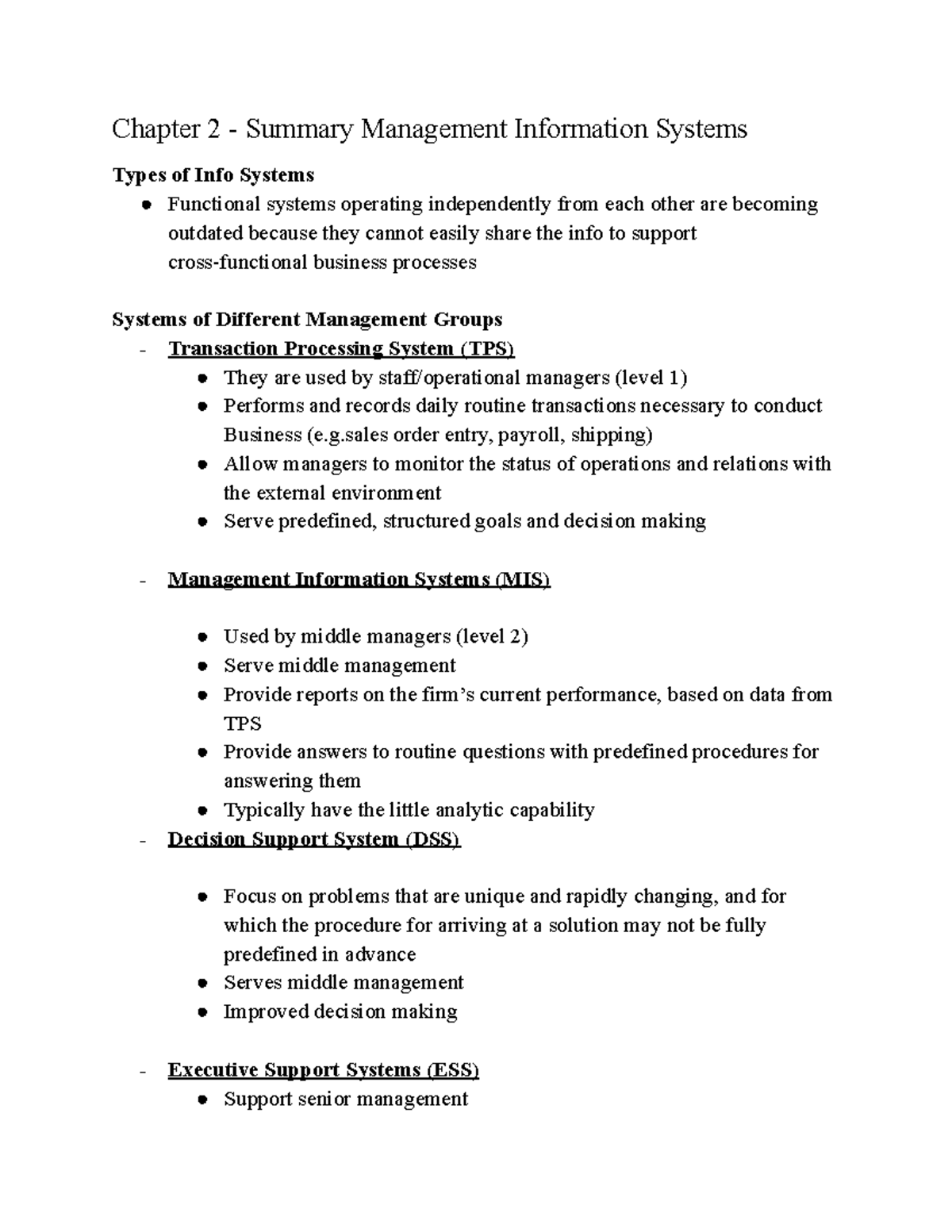 Itm 100 Lecture 2 Notes Chapter 2 Summary Management Information Systems Types Of Info