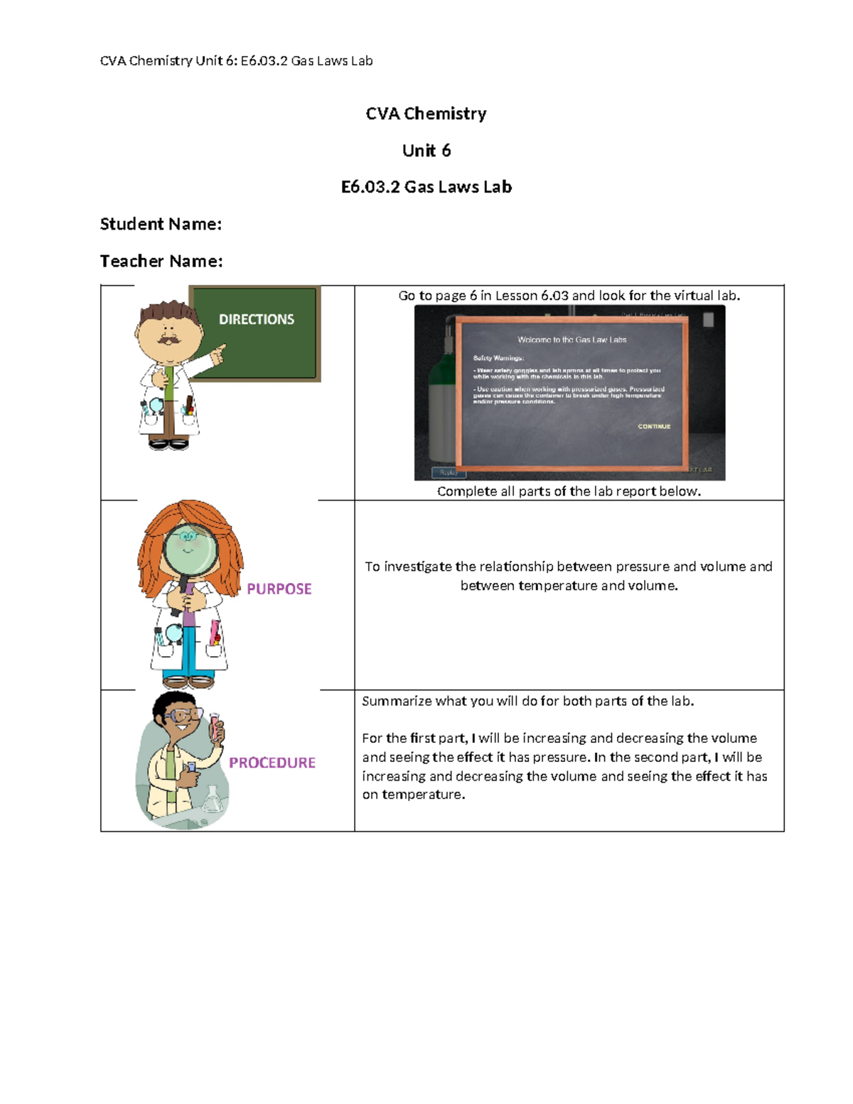 E6.03.2 Lab Gas Laws Lab - CVA Chemistry Unit 6 E6.03 Gas Laws Lab ...