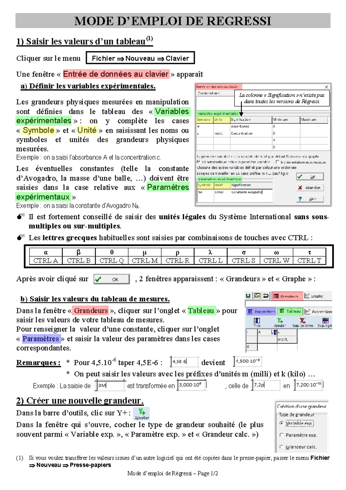 1° Spé - Mode demploi simplifié de Regressi (Fiche élèves) - (1) Si ...