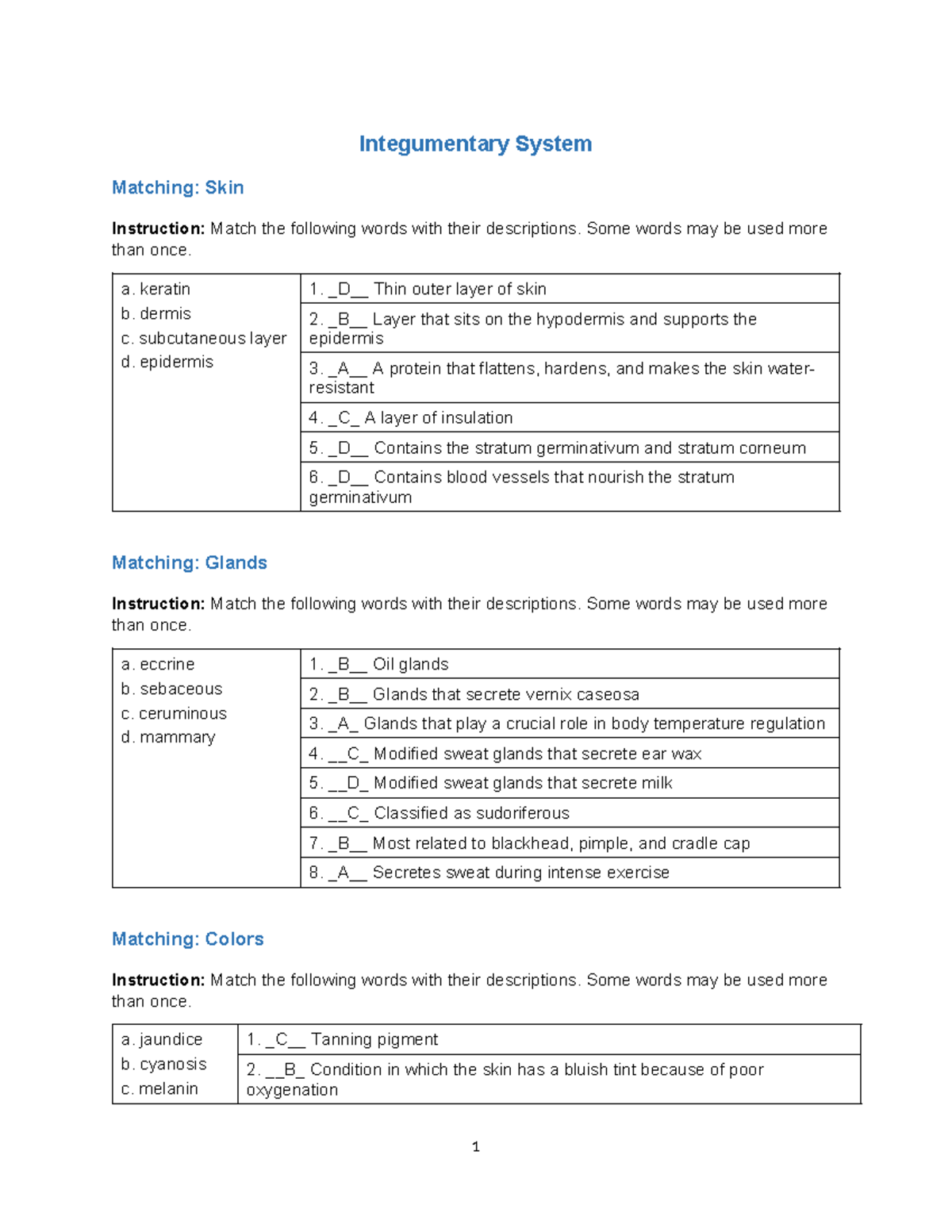 AHP106 Wk2 Assignment (2) - Integumentary System Matching: Skin ...