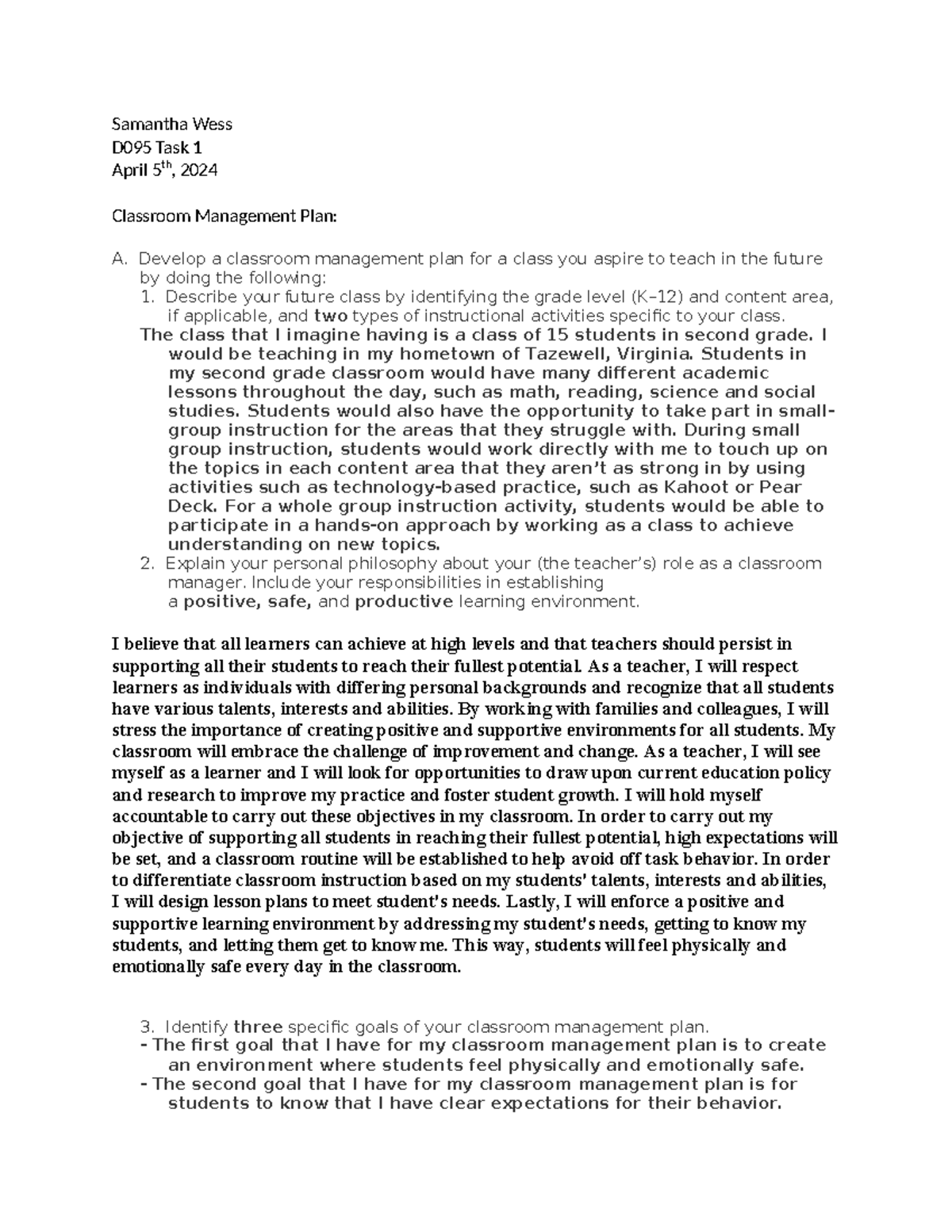D095 Task 1 - Samantha Wess D095 Task 1 April 5th, 2024 Classroom ...