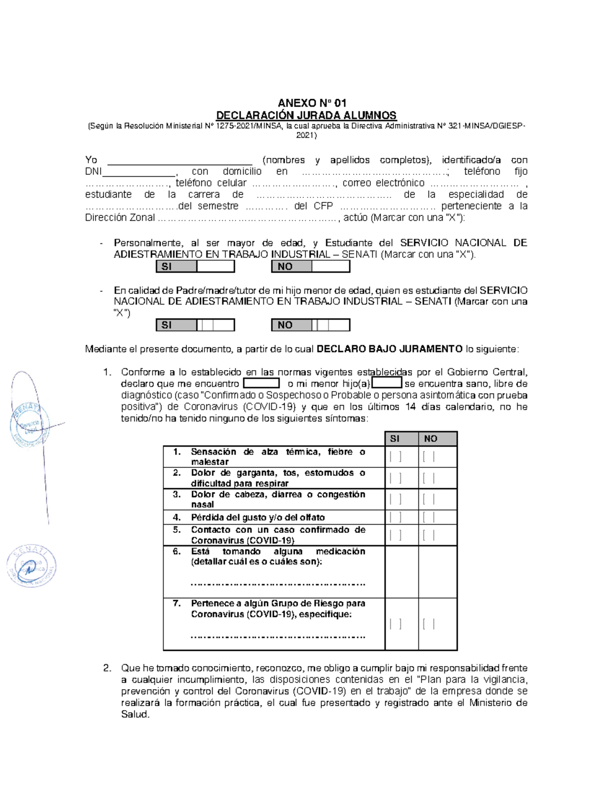 Formato 1 Declaracion Jurada - ANEXO N° 01 DECLARACIÓN JURADA ALUMNOS (Según la Resolución - Studocu