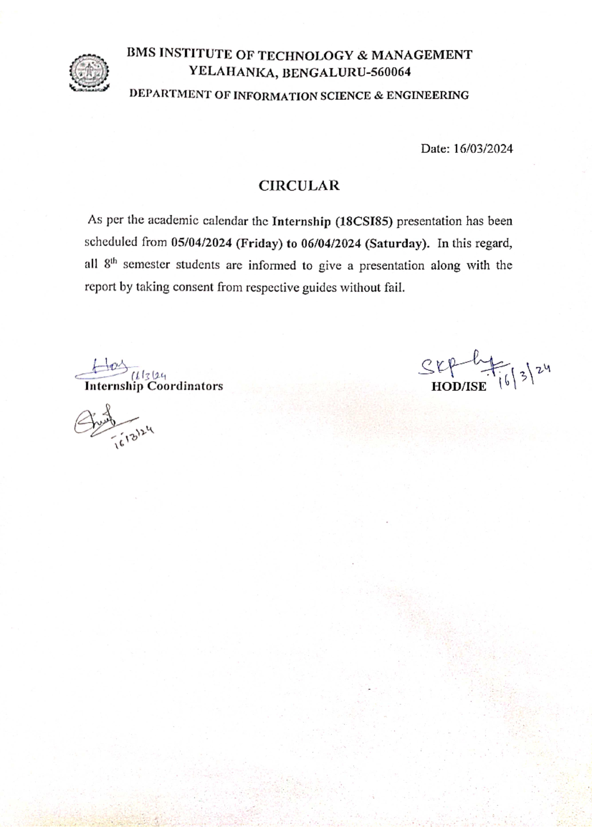 Internship Presentation Circular 2024 - Engineering Graphics and ...