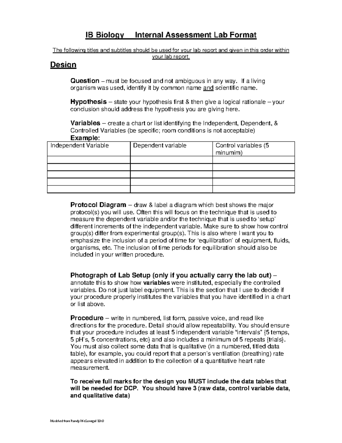 IA Lab Report Format - Modified from Randy McGonegal 2010 IB Biology Internal Assessment Lab ...