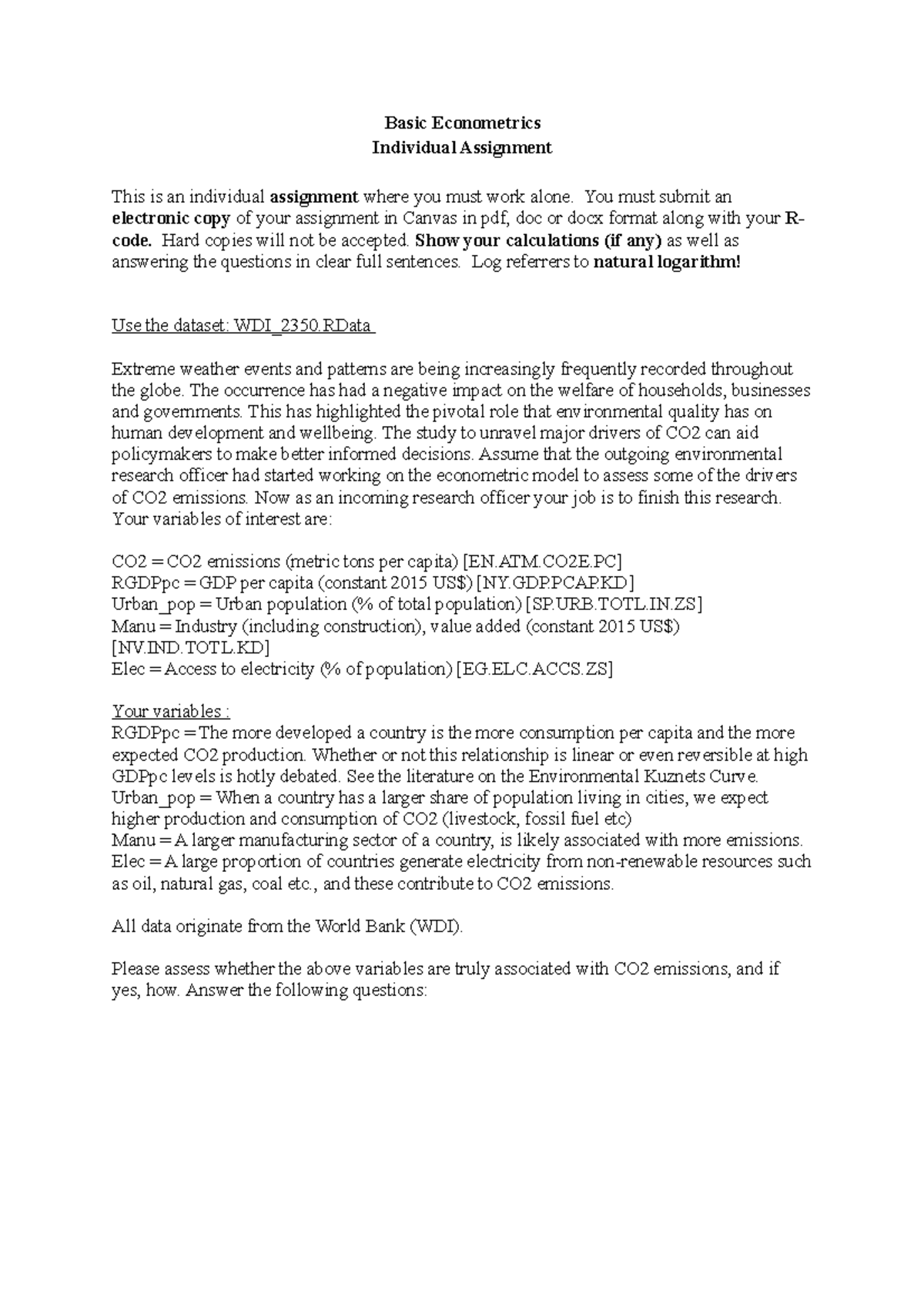 Indiv Home Assignment ECON1066 2350 - Basic Econometrics Individual ...