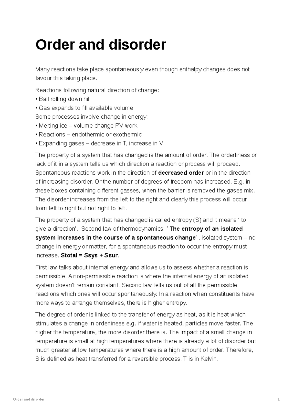 Order and disorder - Reactions following natural direction of change ...