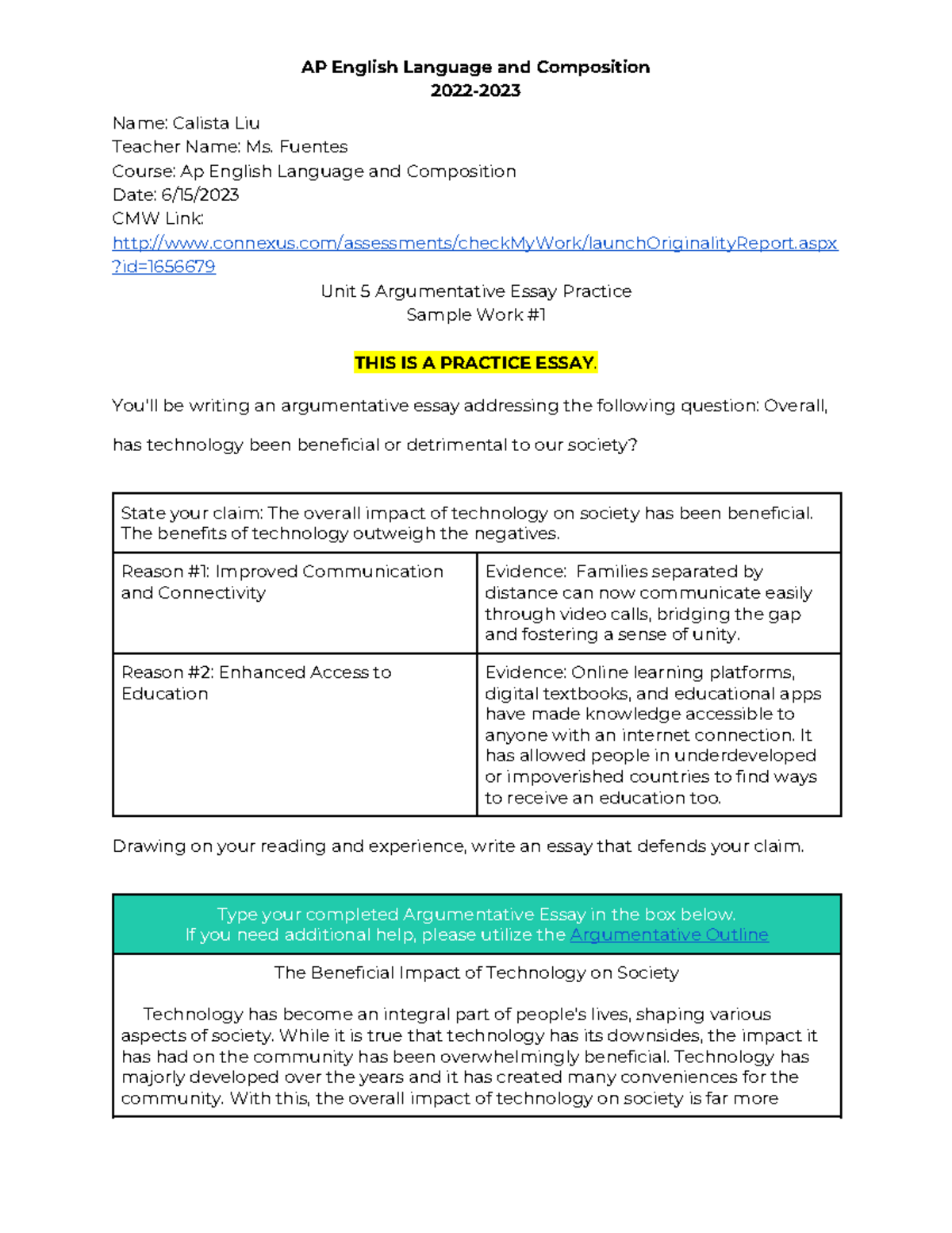 Calista CMW AP Lang B - Unit 5 Sample Work 1 - AP English Language and ...