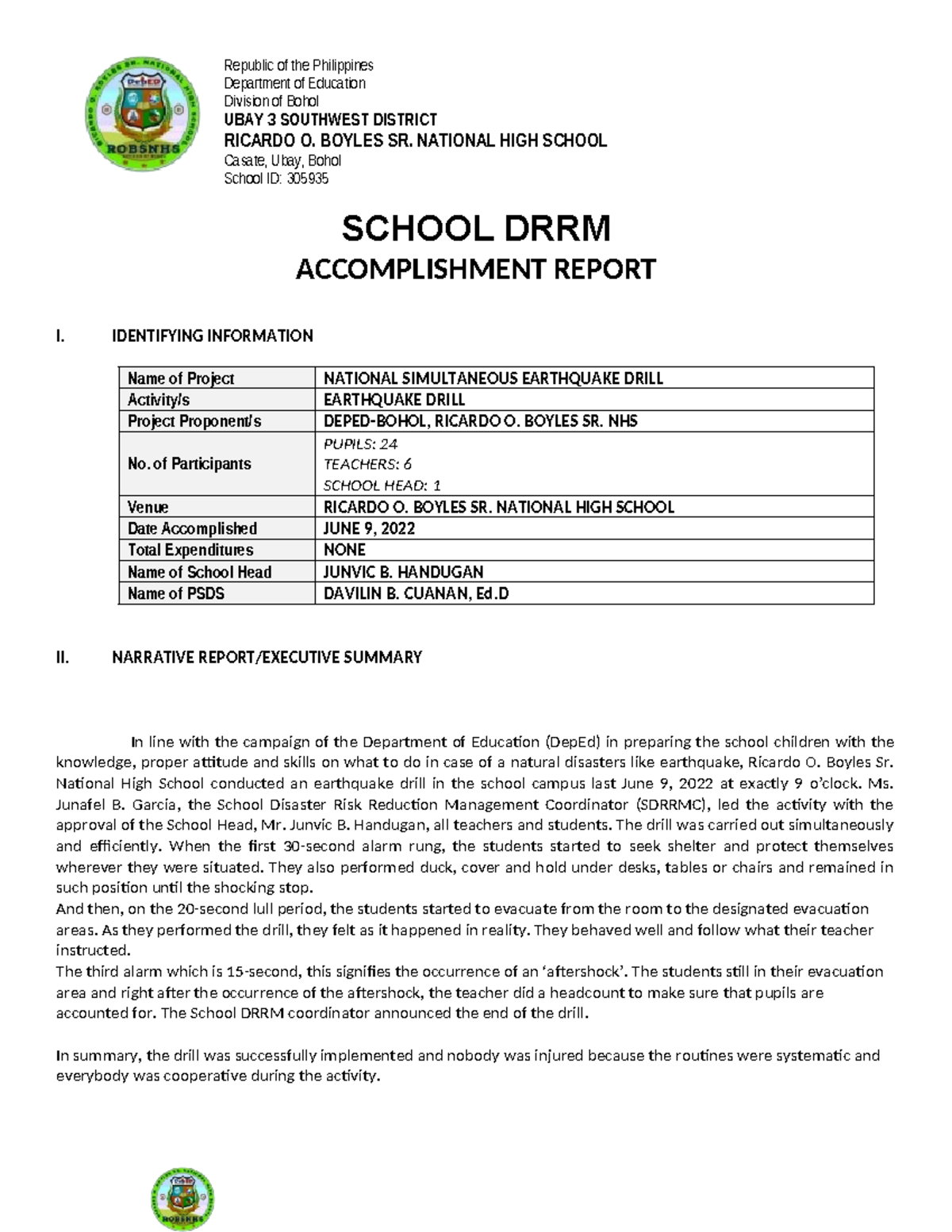 Sdrrm- Accompishment Report - Republic of the Philippines Department of ...