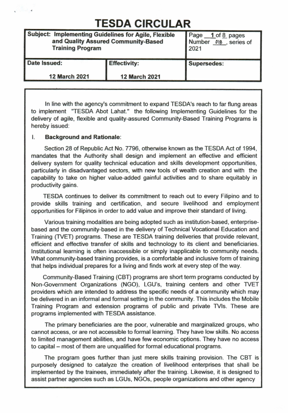 Tesda Circular No. 018-2021 - Subject: Implementing Guidelines for ...