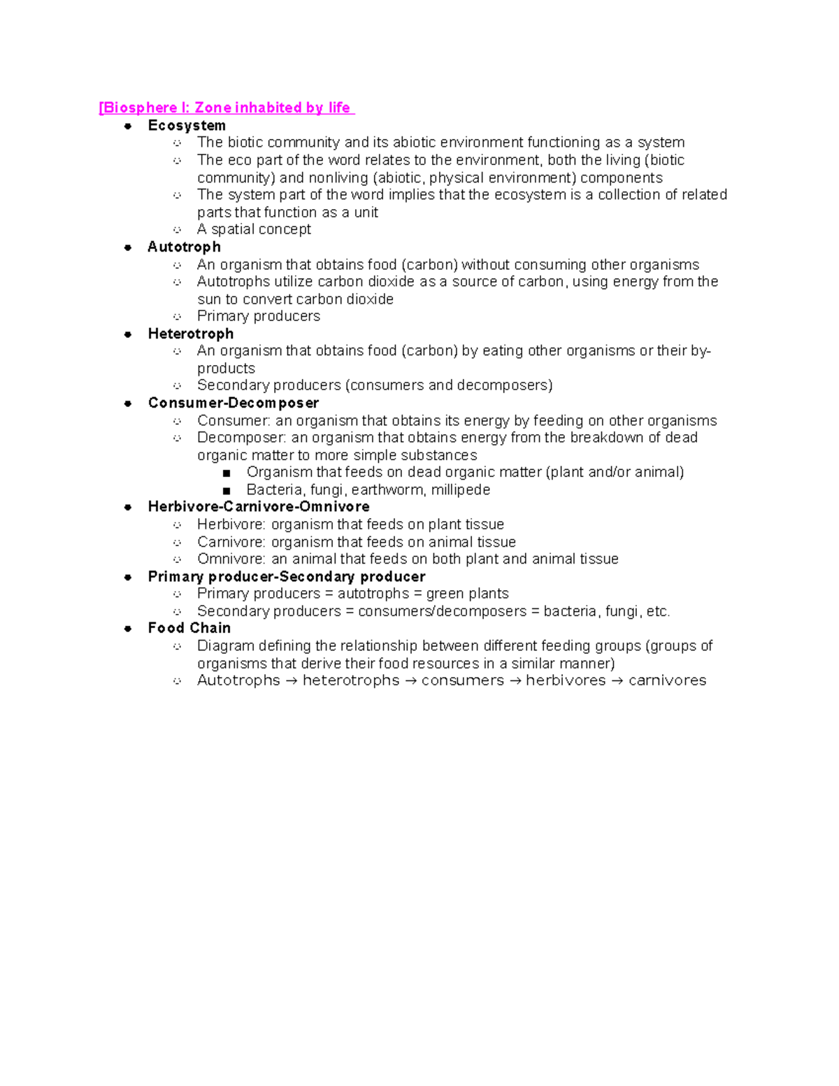 Test 3 Study Guide/Notes - [Biosphere I: Zone inhabited by life ...
