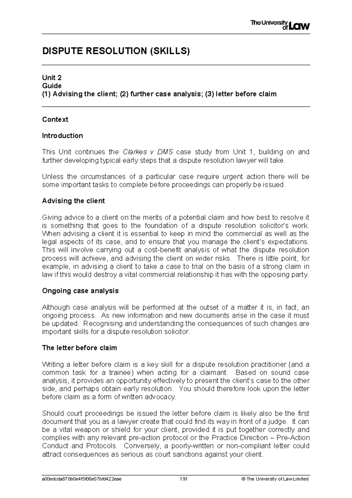 Workshop Guide - DISPUTE RESOLUTION (SKILLS) Unit 2 Guide (1) Advising ...