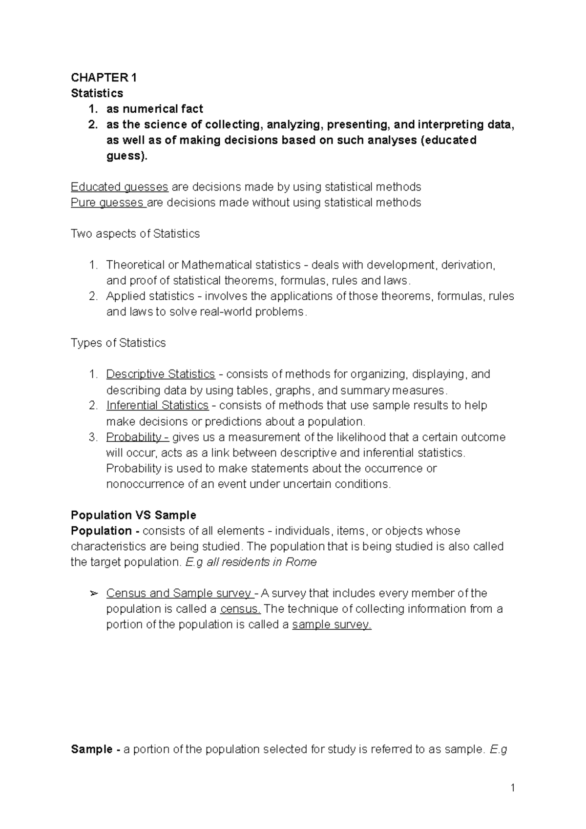 Statistics Ch1, 2 and 3 - CHAPTER 1 Statistics 1. as numerical fact 2 ...