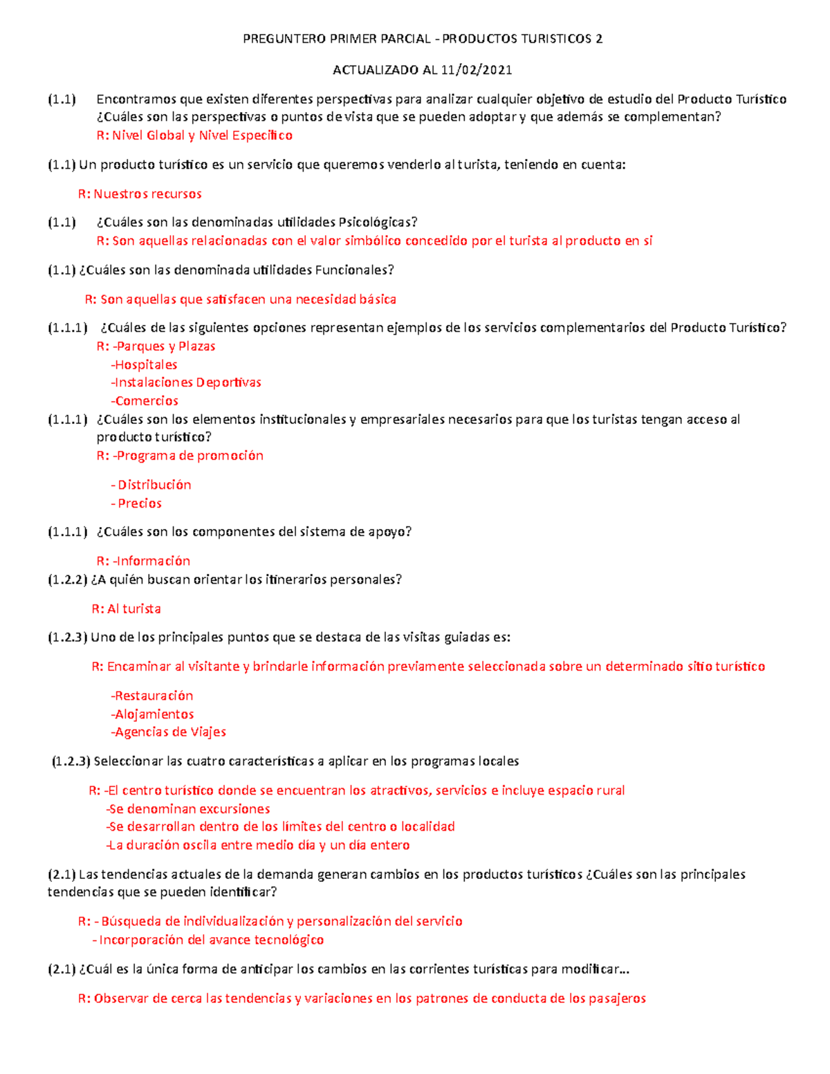 Preguntero 1 Parcial - Productos Turisticos 2 (18 de Junio de 2020) - PREGUNTERO PRIMER PARCIAL ...