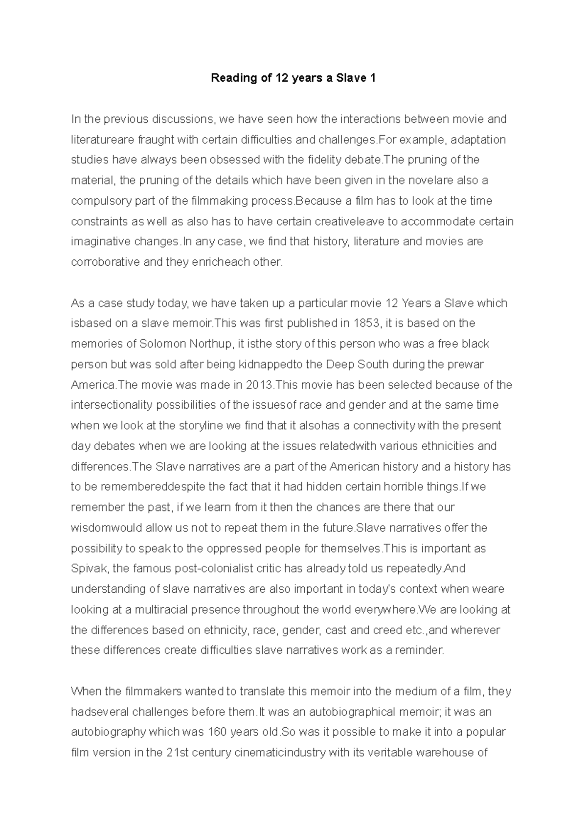 Reading of 12 years a Slave 1 - Reading of 12 years a Slave 1 In the ...