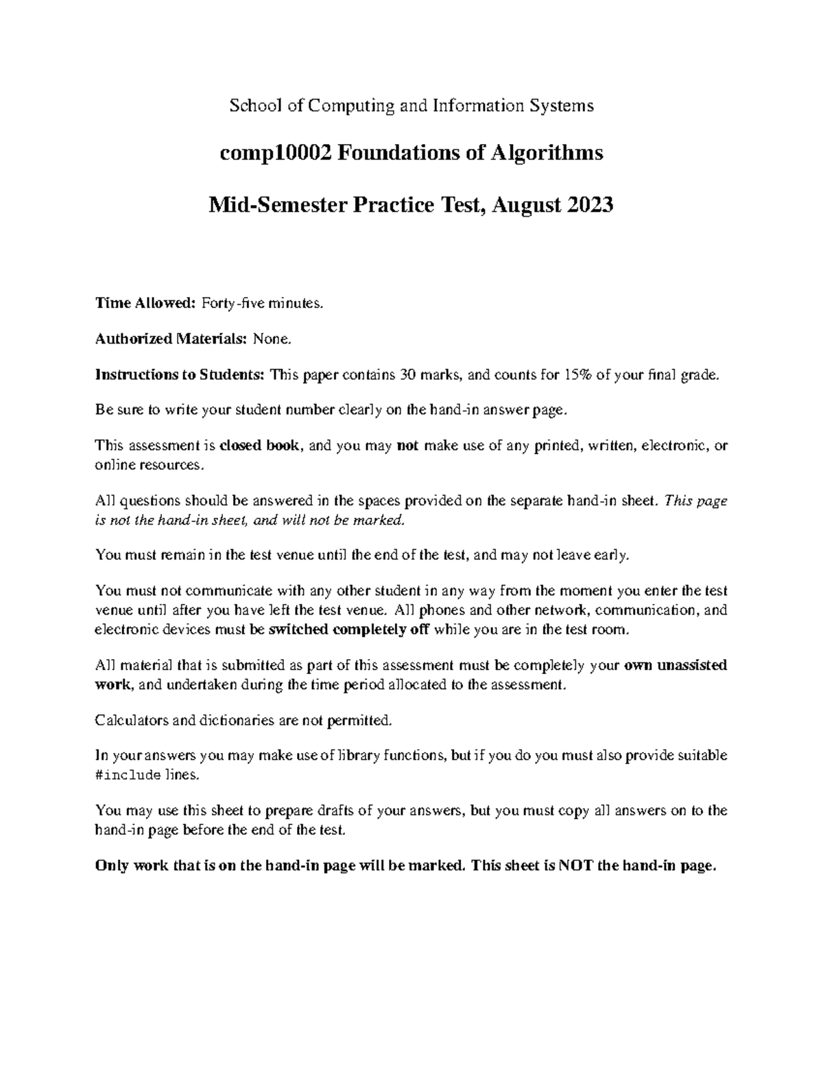 practice MST 2023 Questions - School of Computing and Information ...