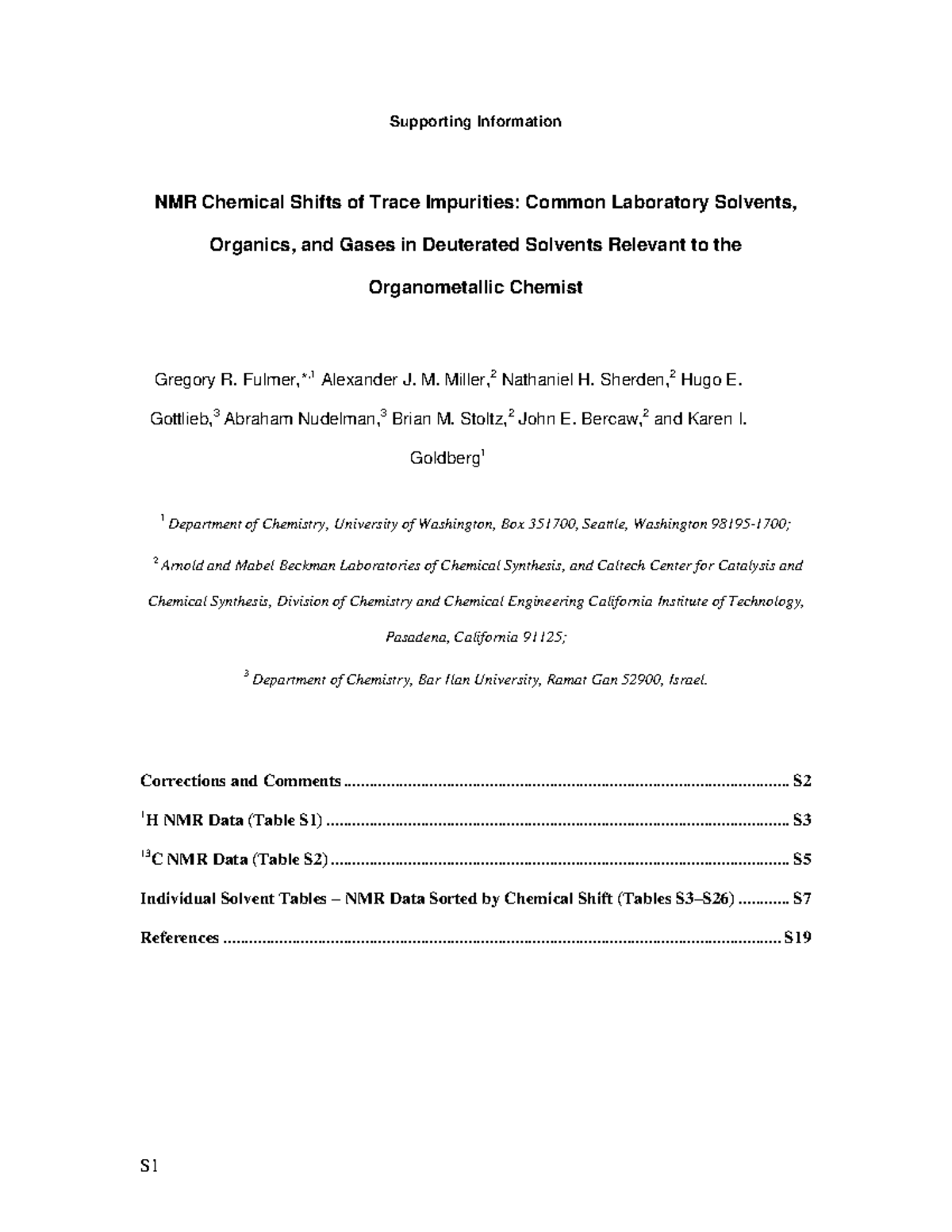 NMR Chemical Shifts of Trace Impurities - Supporting Information NMR ...
