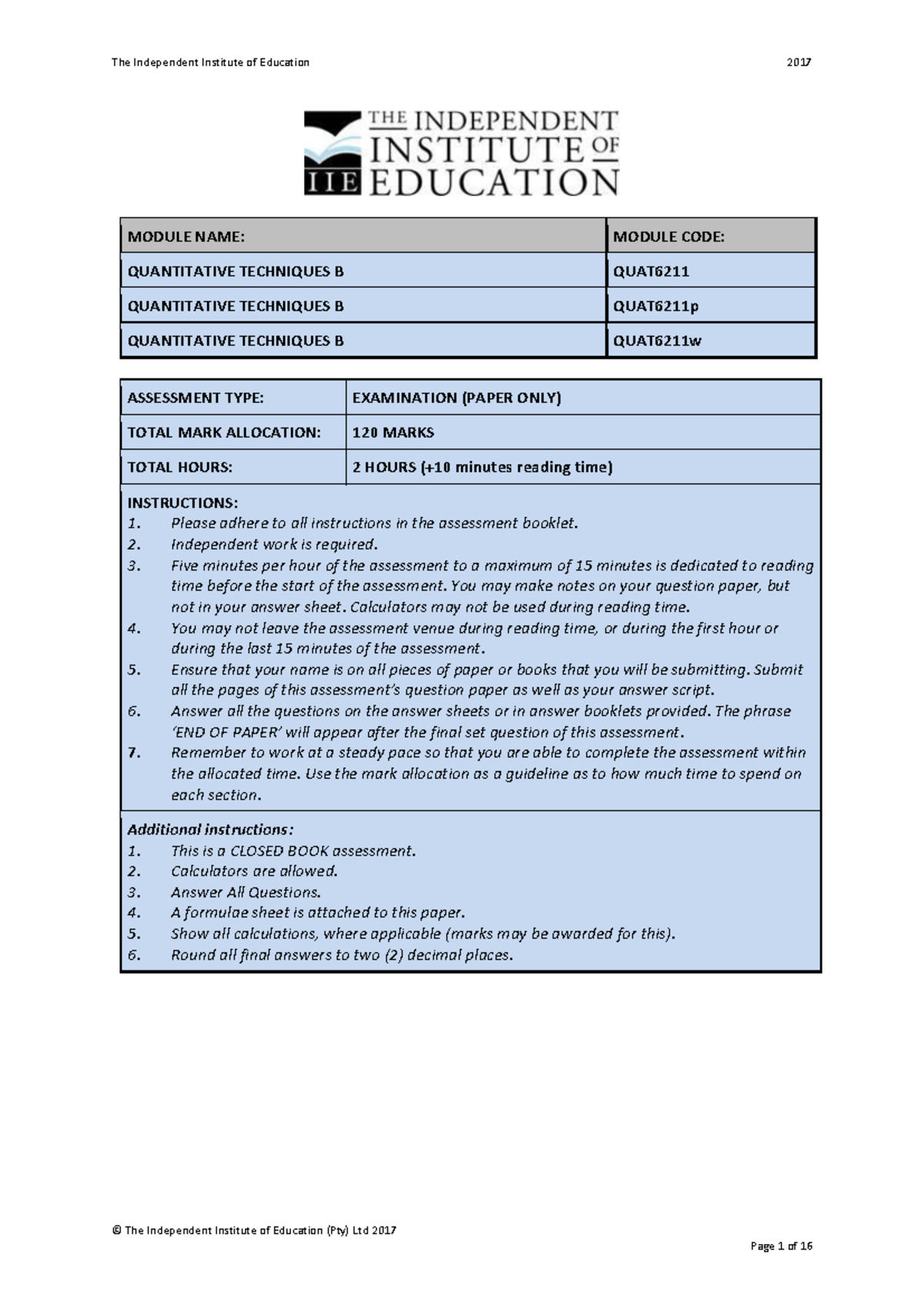 QUAT6211Ea - Past paper practice. - MODULE NAME: MODULE CODE ...