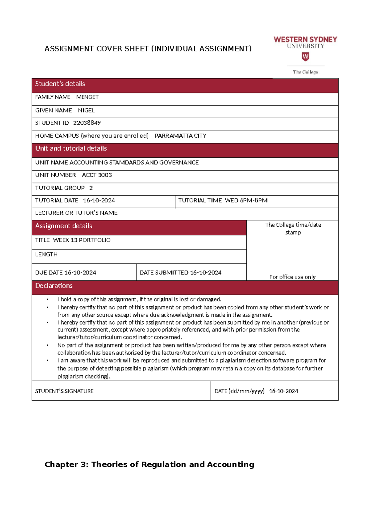 WEEK 13 Portfolio - Week - ASSIGNMENT COVER SHEET (INDIVIDUAL ...