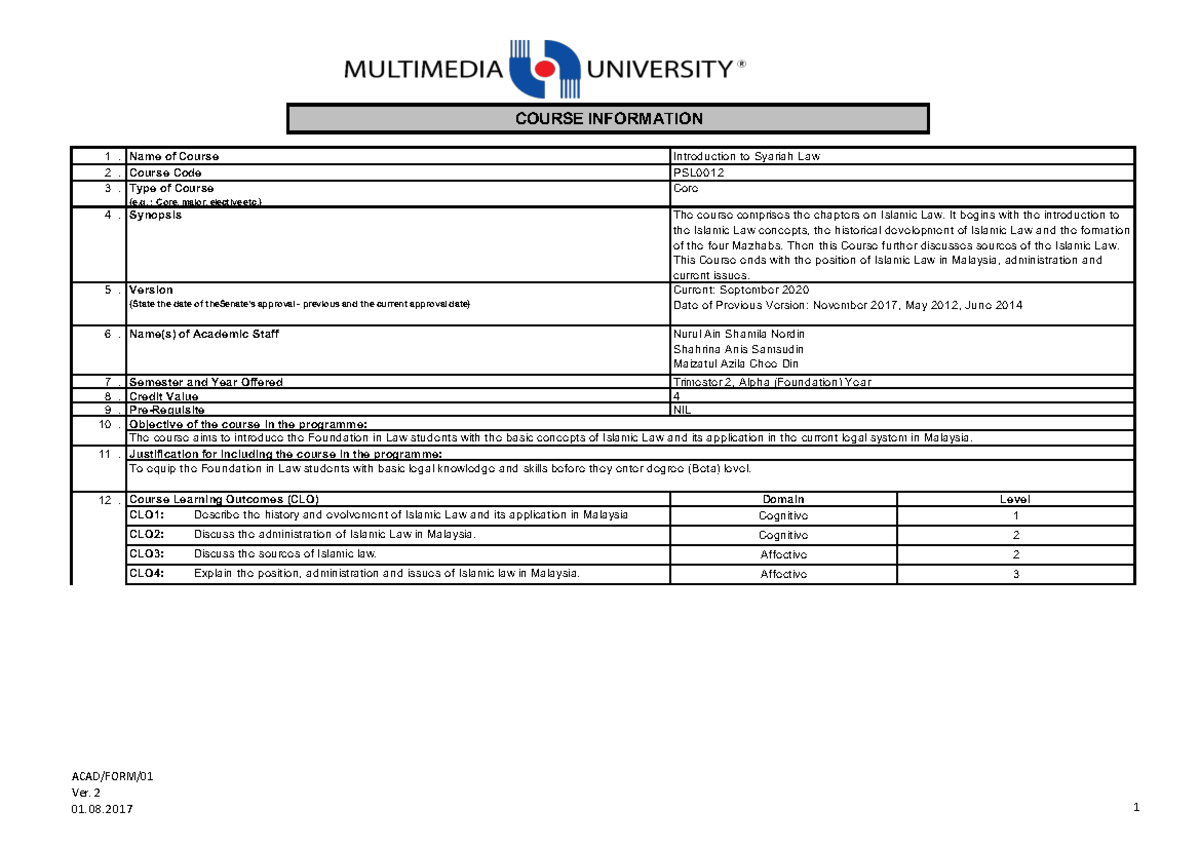 PSL0012 Intro to Syariah Law 2023 - ACAD/FORM/ Ver. 2 01.08 1 1. 2. 3 ...
