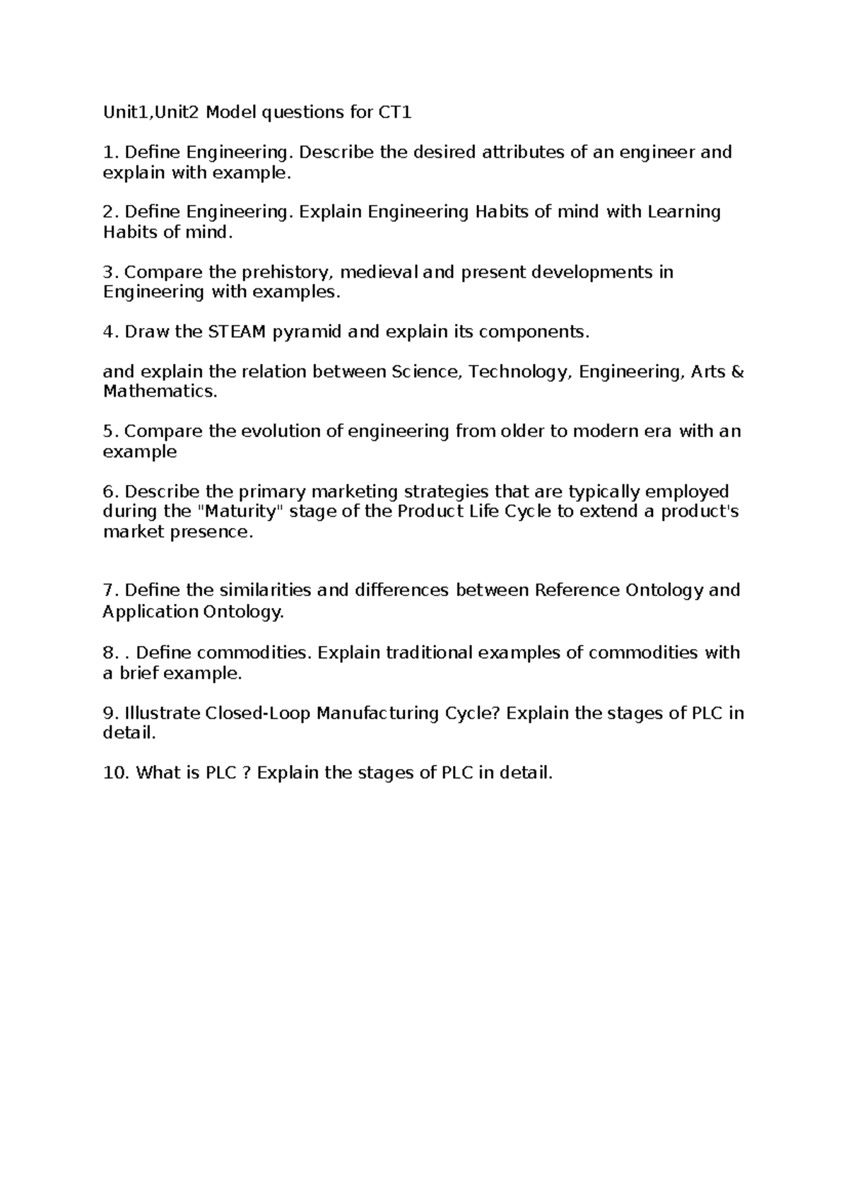 Model Questions POE - tutorial - Unit1,Unit2 Model questions for CT ...