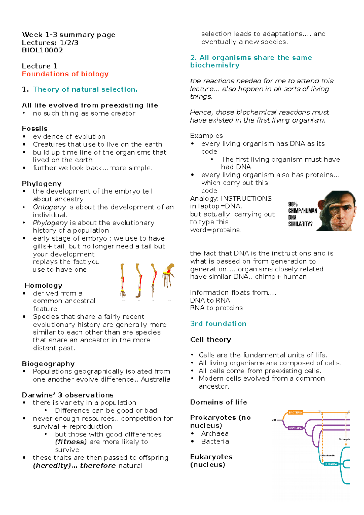 Biology notes weeks 1-3 - Week 1-3 summary page Lectures: 1/2/ BIOL ...