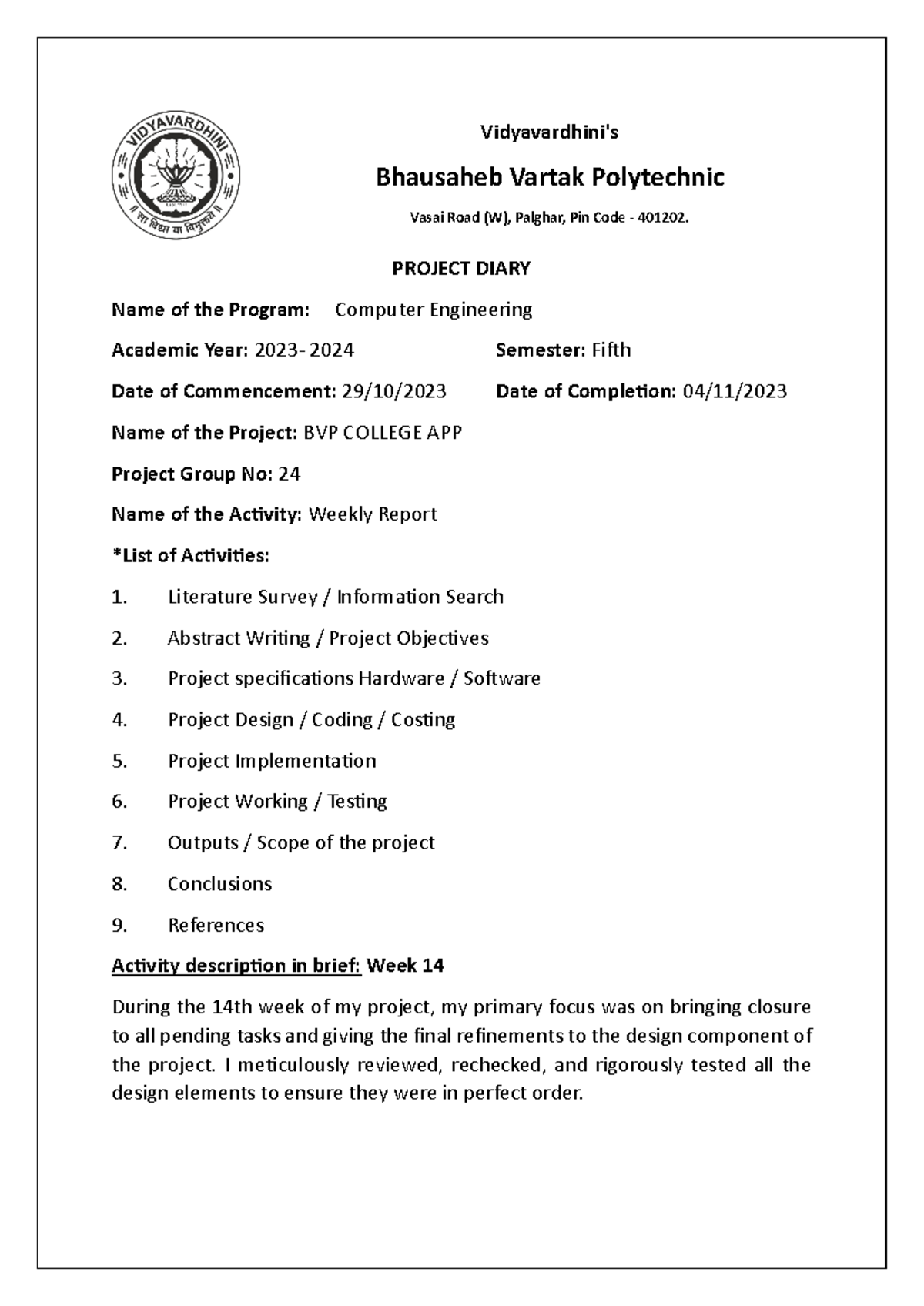 CPP diary week14 - cpp - PROJECT DIARY Name of the Program: Computer ...