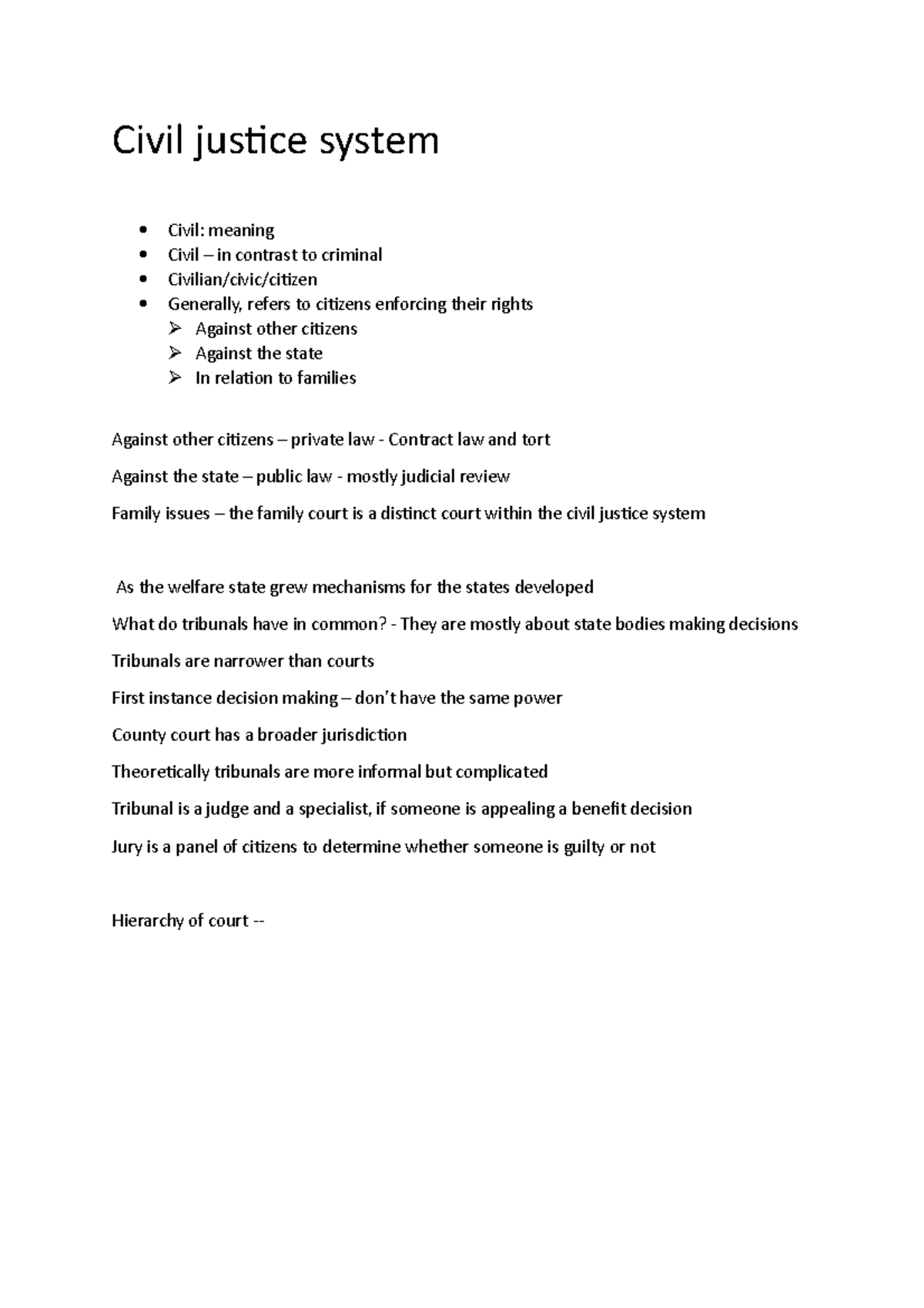 Intro to civil justice system - Civil justice system Civil: meaning ...