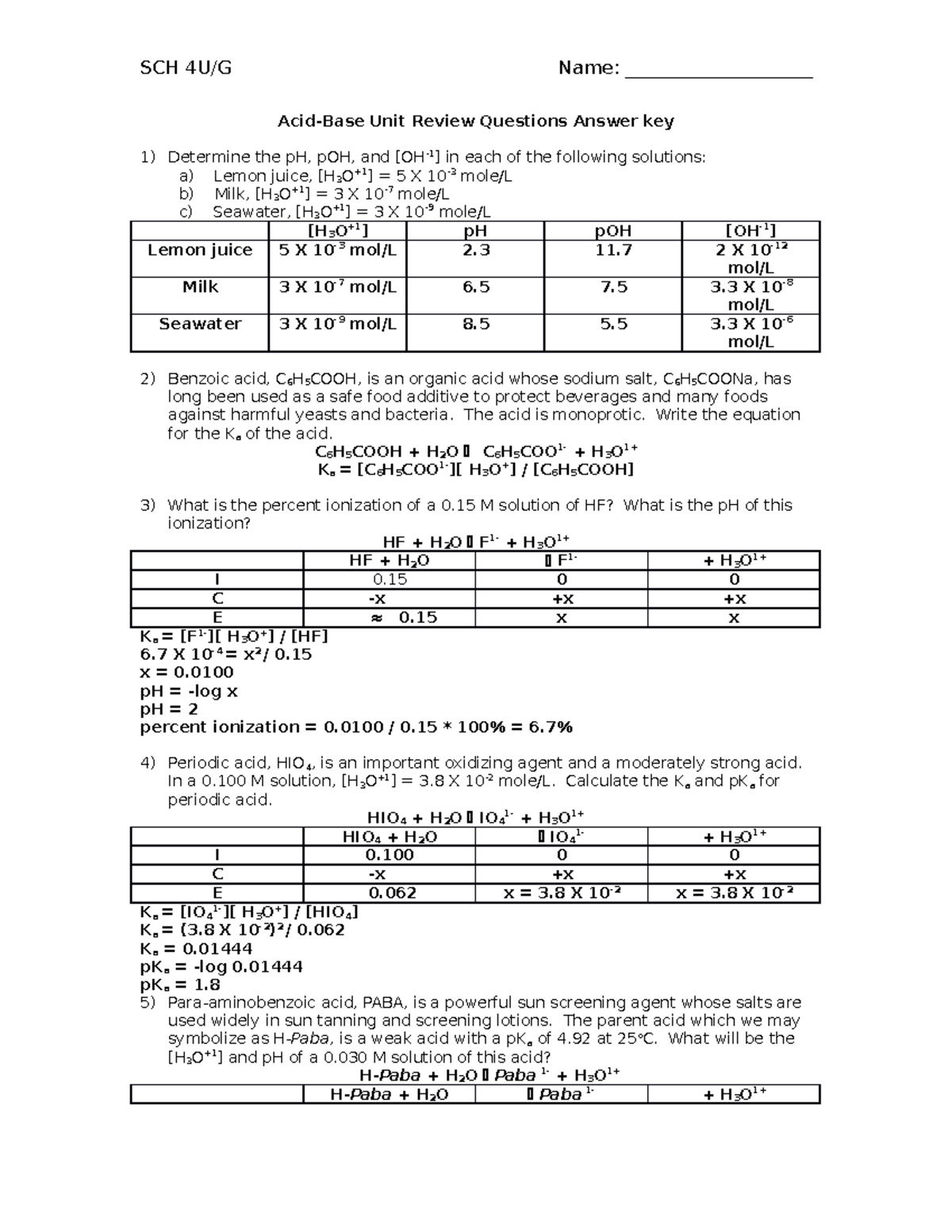 Acid-Base Unit Review Questions Answer key - SCH 4U/G Name ...