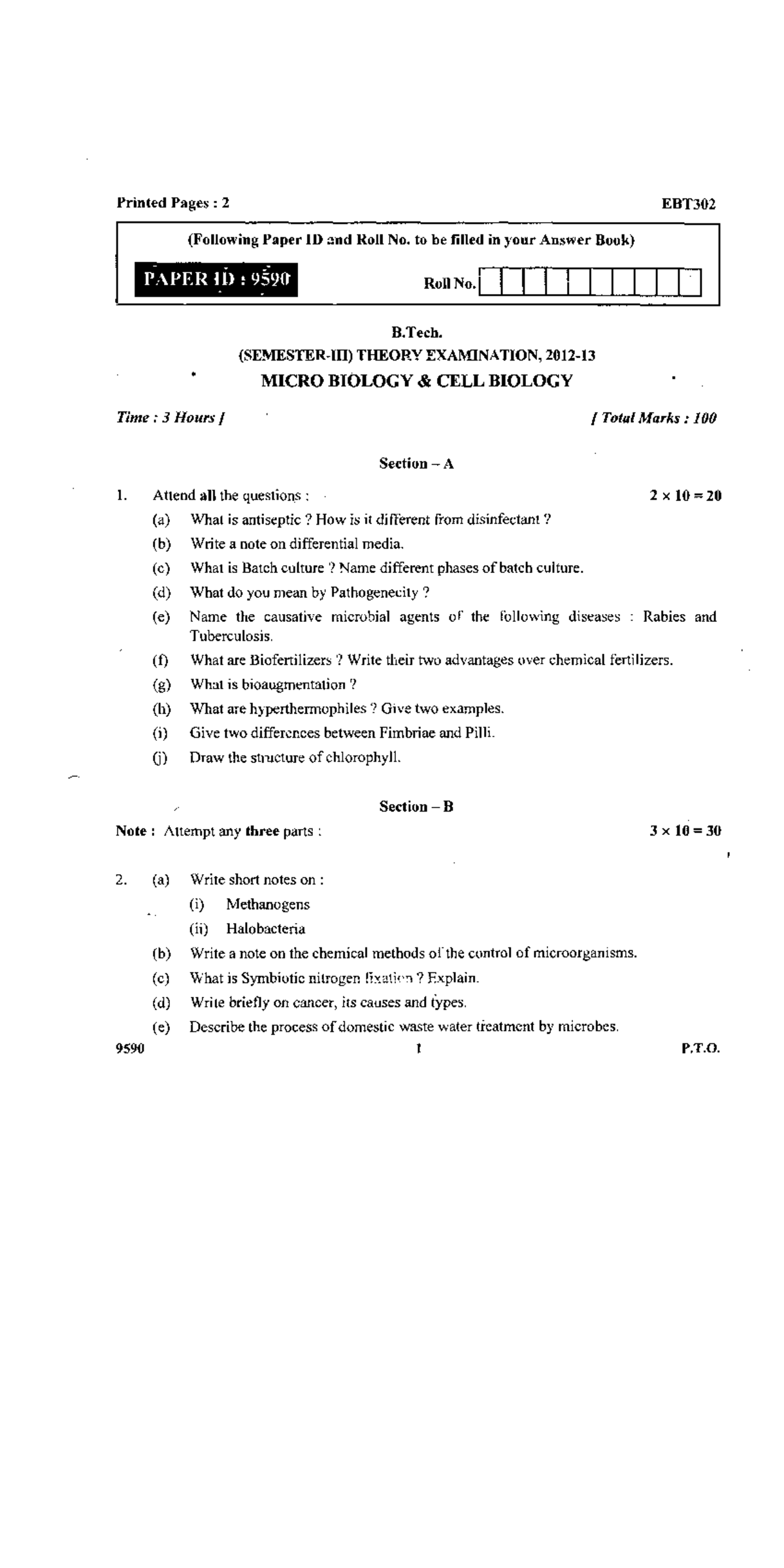 Btech bt 3 sem microbiology and cell biology ebt 302 2013 - Printed ...
