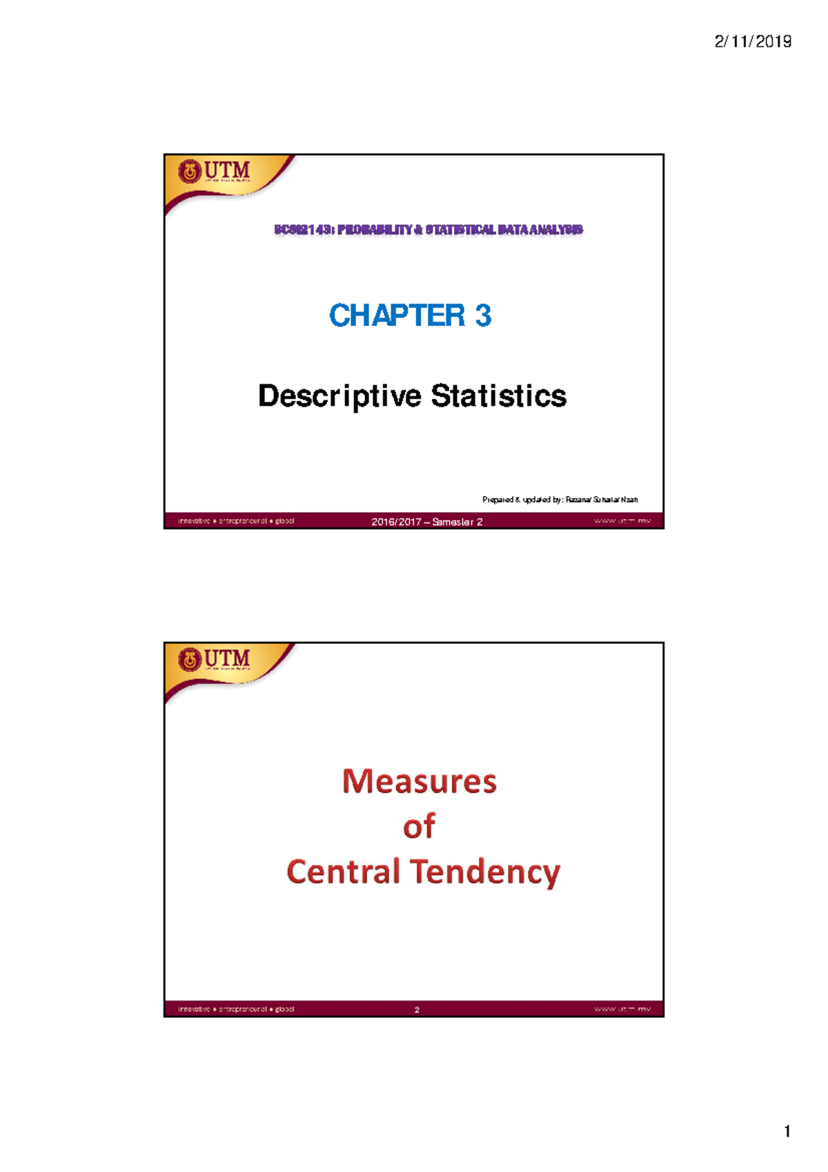 Chapter 3 - CHAPTER 3 Descr iptive Statistics 2016/ 2017 – Semest er 2 ...