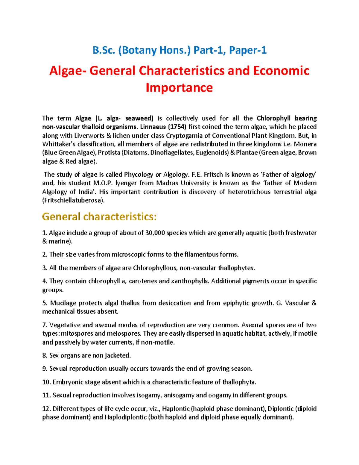 Algae General characteristics and Economic importance - B. (Botany Hons ...