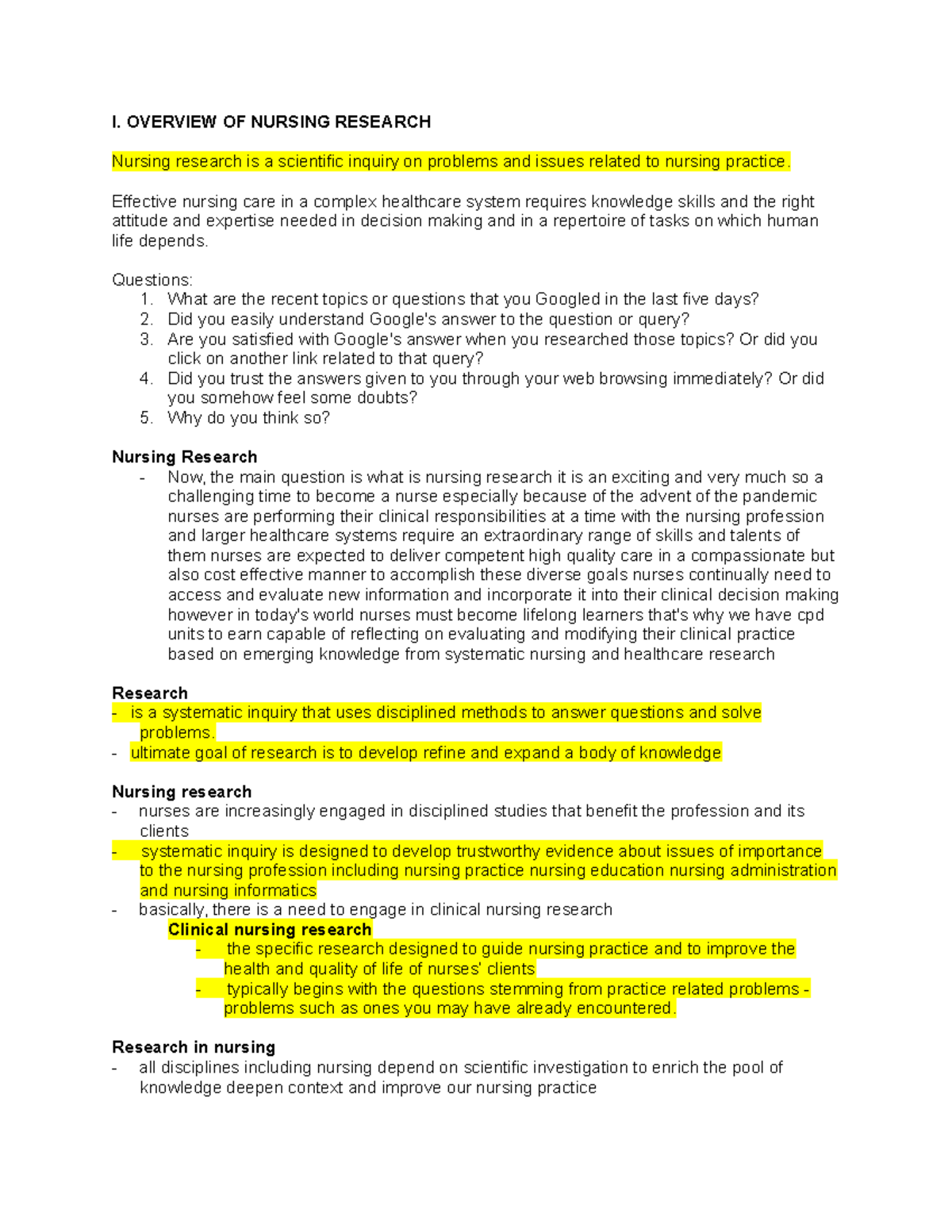 Overview OF Nursing Research - I. OVERVIEW OF NURSING RESEARCH Nursing ...