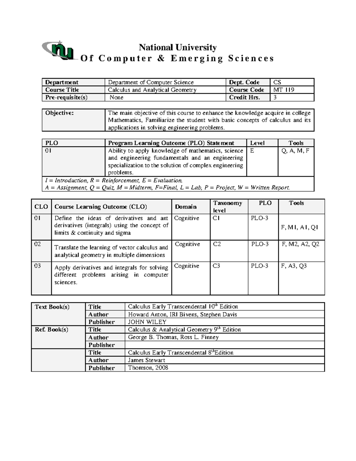 Course Outline Calculus and analytical geometry - National University O ...