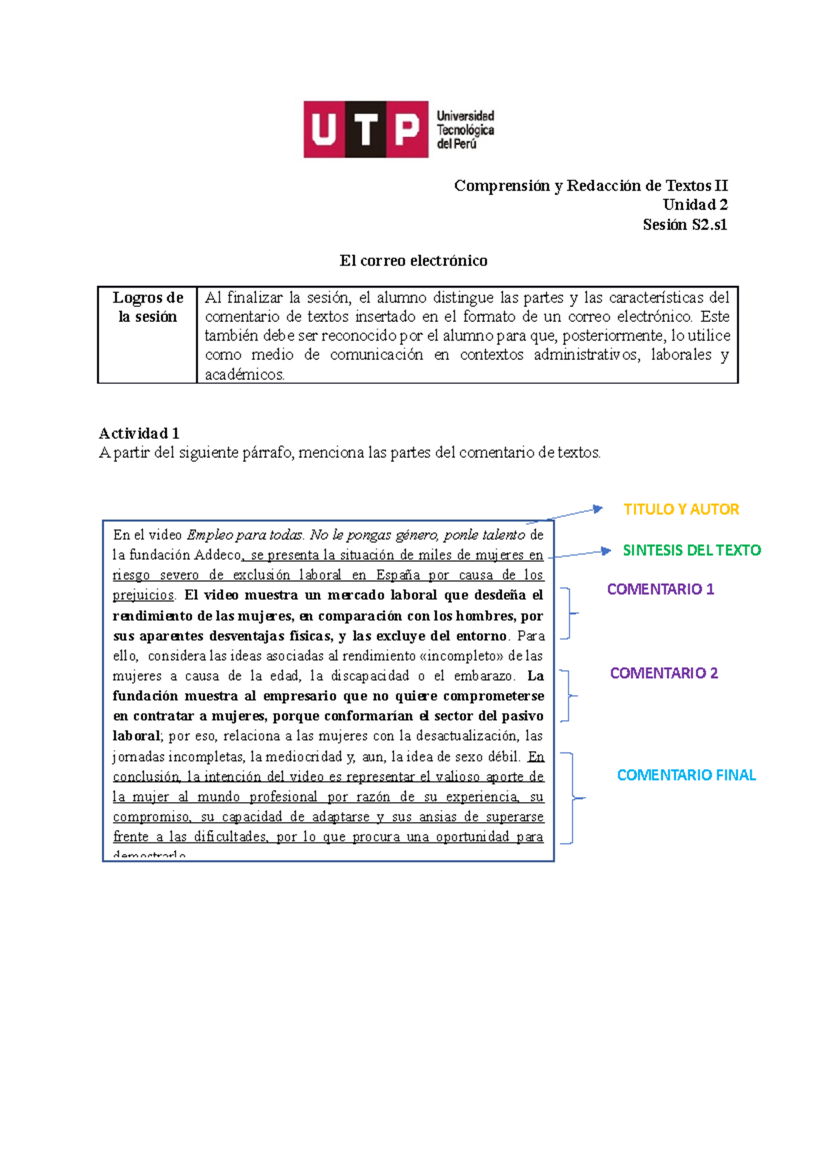 Actividad de identificación de estructura - Comprensión y Redacción de ...