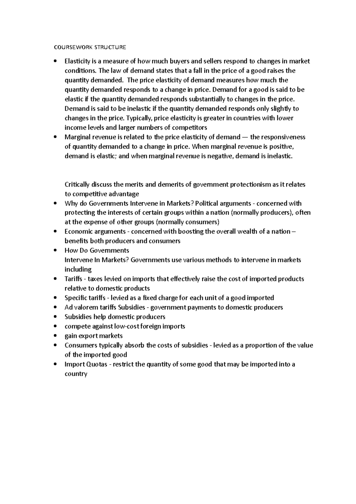 Coursework Structure - COURSEWORK STRUCTURE Elasticity is a measure of ...
