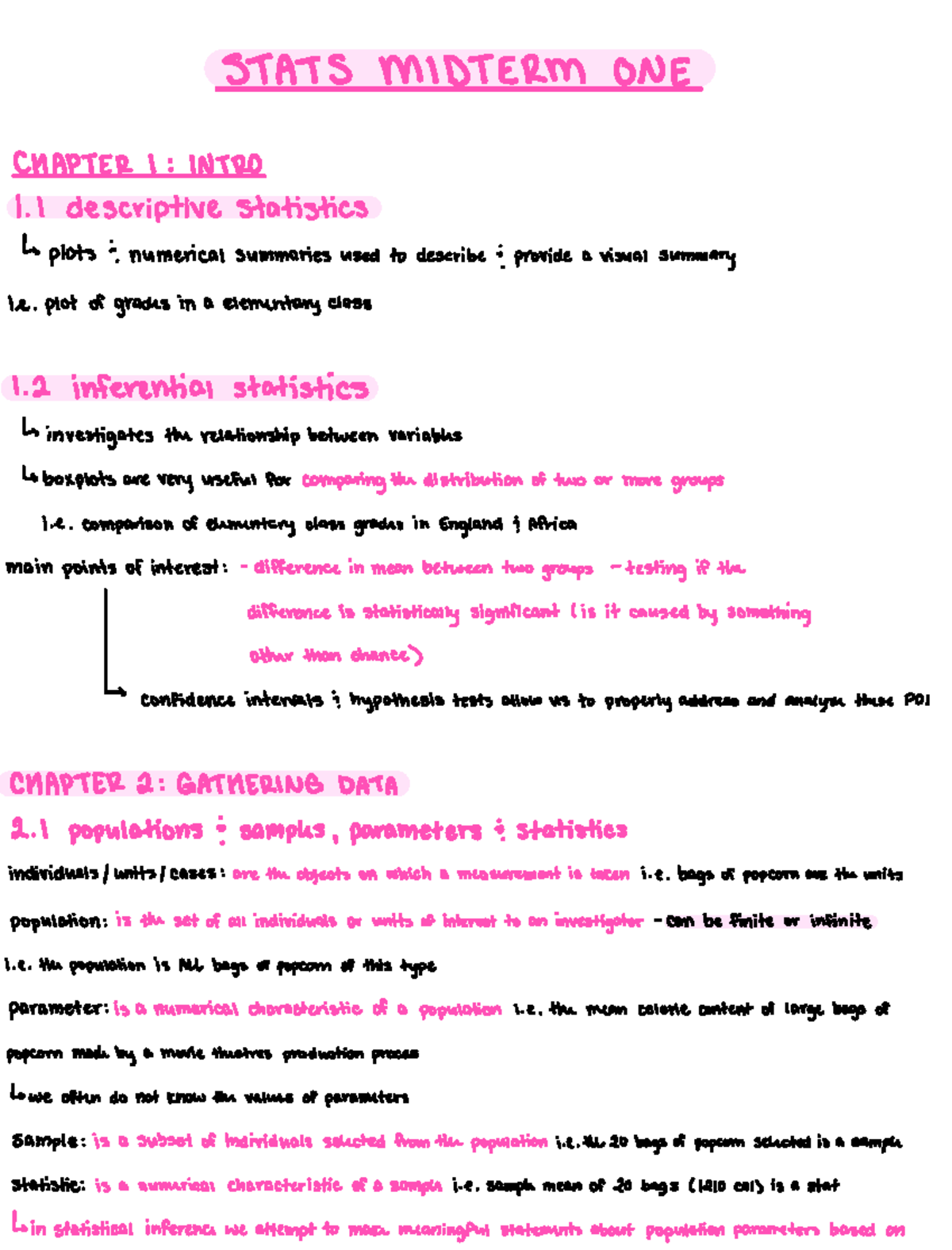 Stats Midterm 1 Notes - STATS MIDTERM ONE CHAPTER I INTRO I descriptive ...