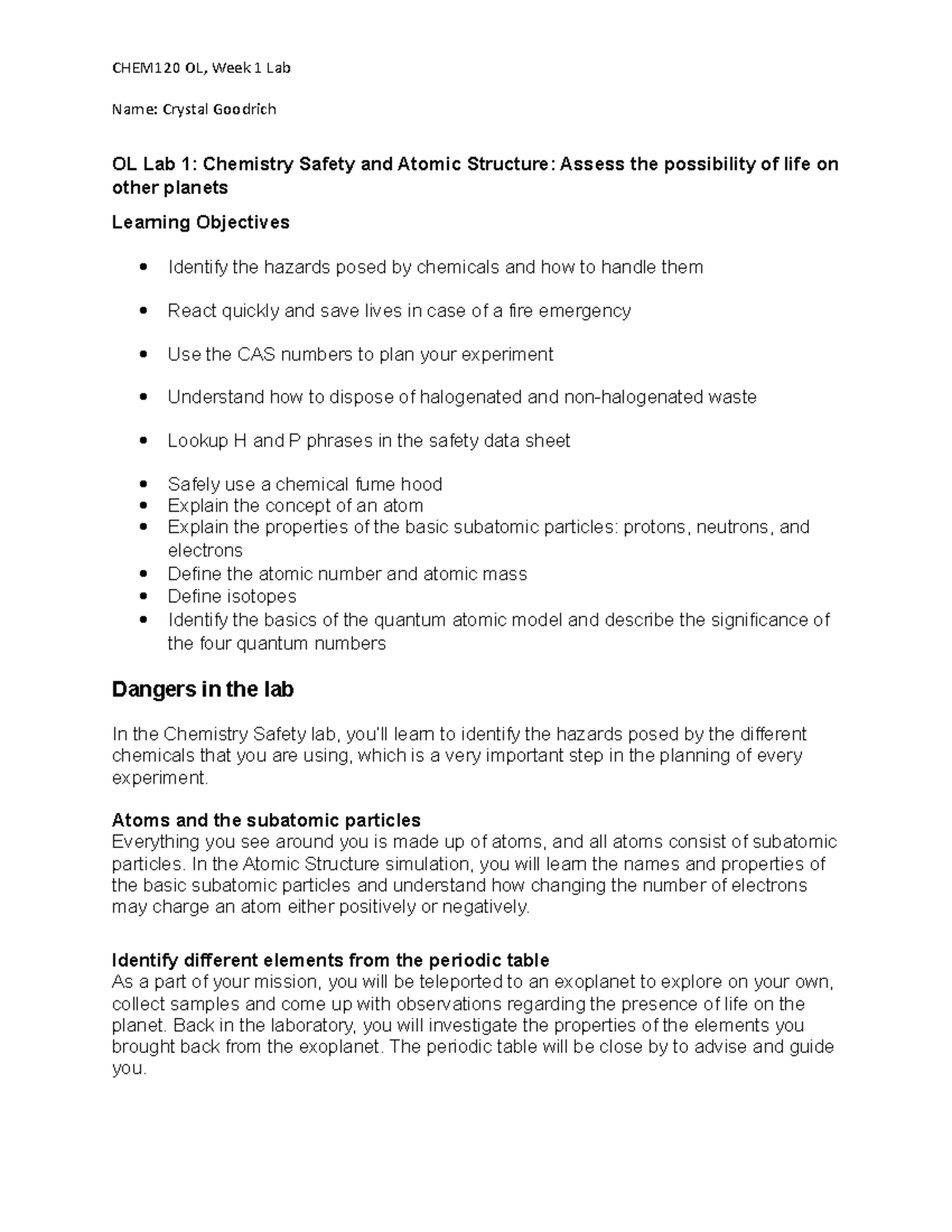 Week 1 Lab-Chemistry - Week 1 lab - Name: Crystal Goodrich OL Lab 1 ...