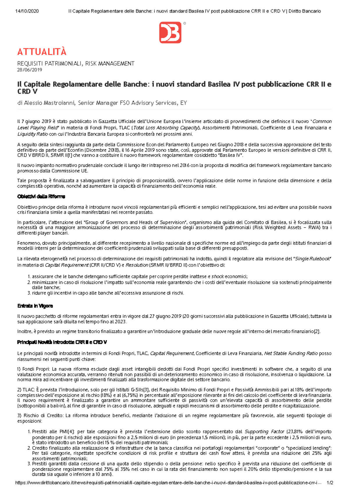 Il Capitale Regolamentare delle Banche i nuovi standard Basilea IV post pubblicazione CRR II e ...