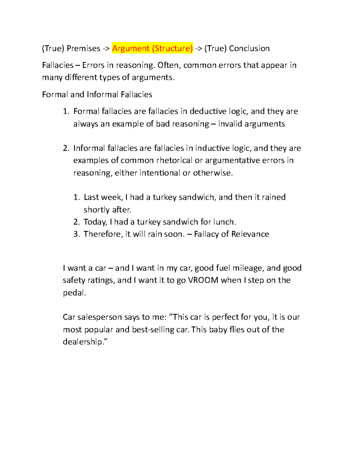 Fallacies of Relevance - (True) Premises -> Argument (Structure ...