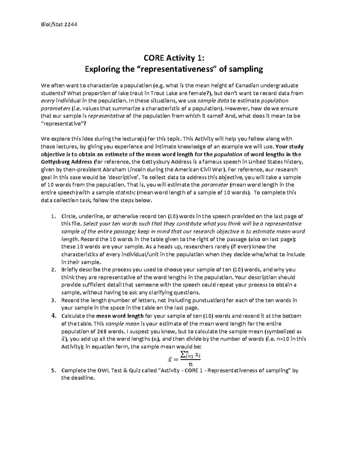 Statistics 2244: #1 Core Activity - Representativeness of sampling - Biol/Stat 2244 CORE ...