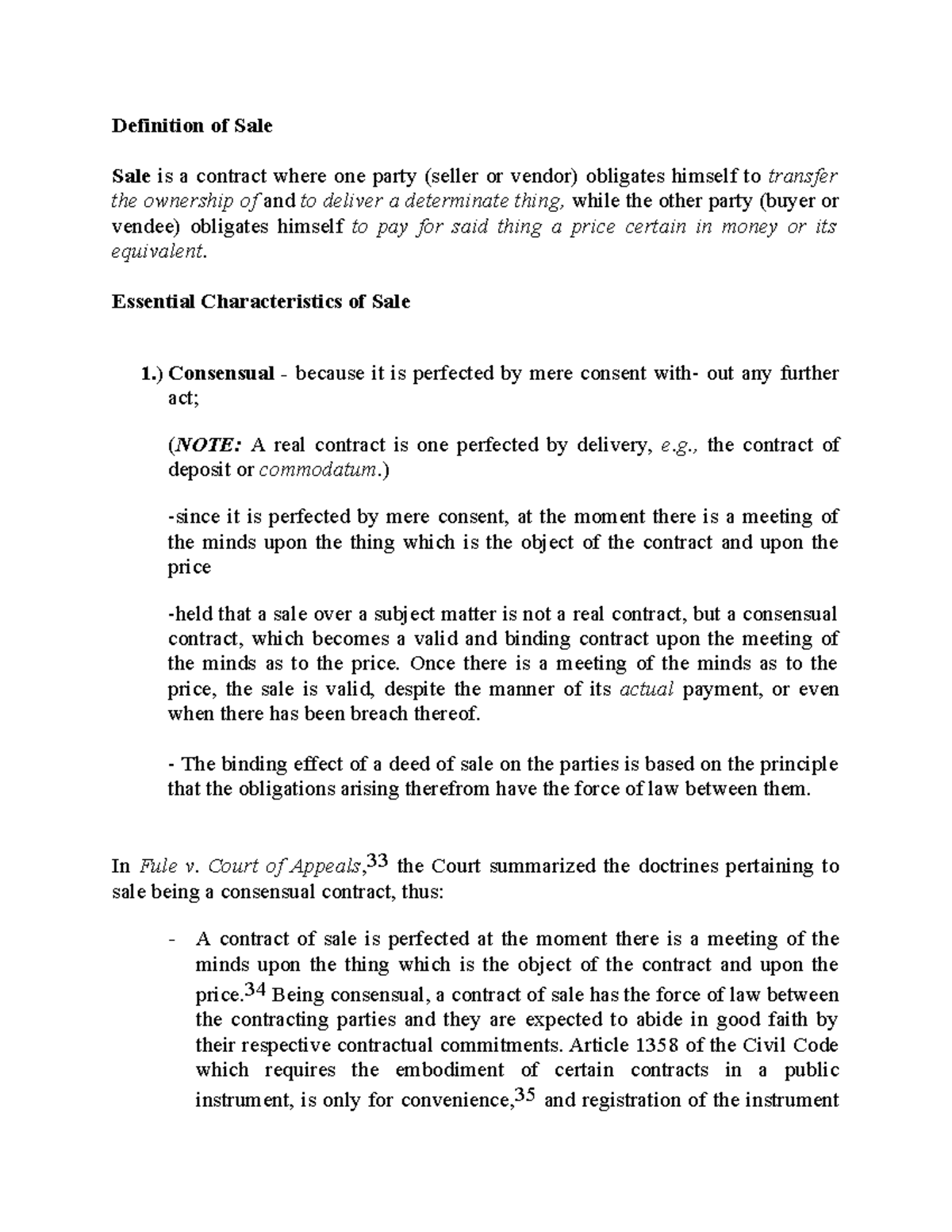 Reviewer Sales - Definition of Sale Sale is a contract where one party ...