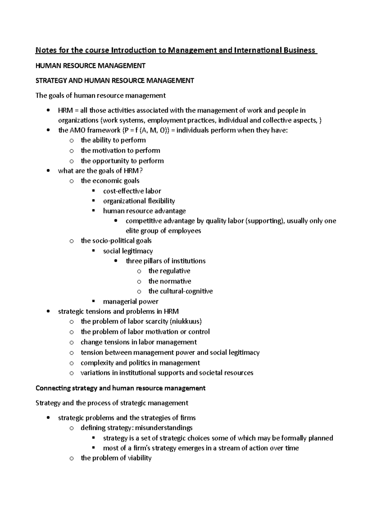 Strategy and Human Resource Management Summary - Notes for the course ...